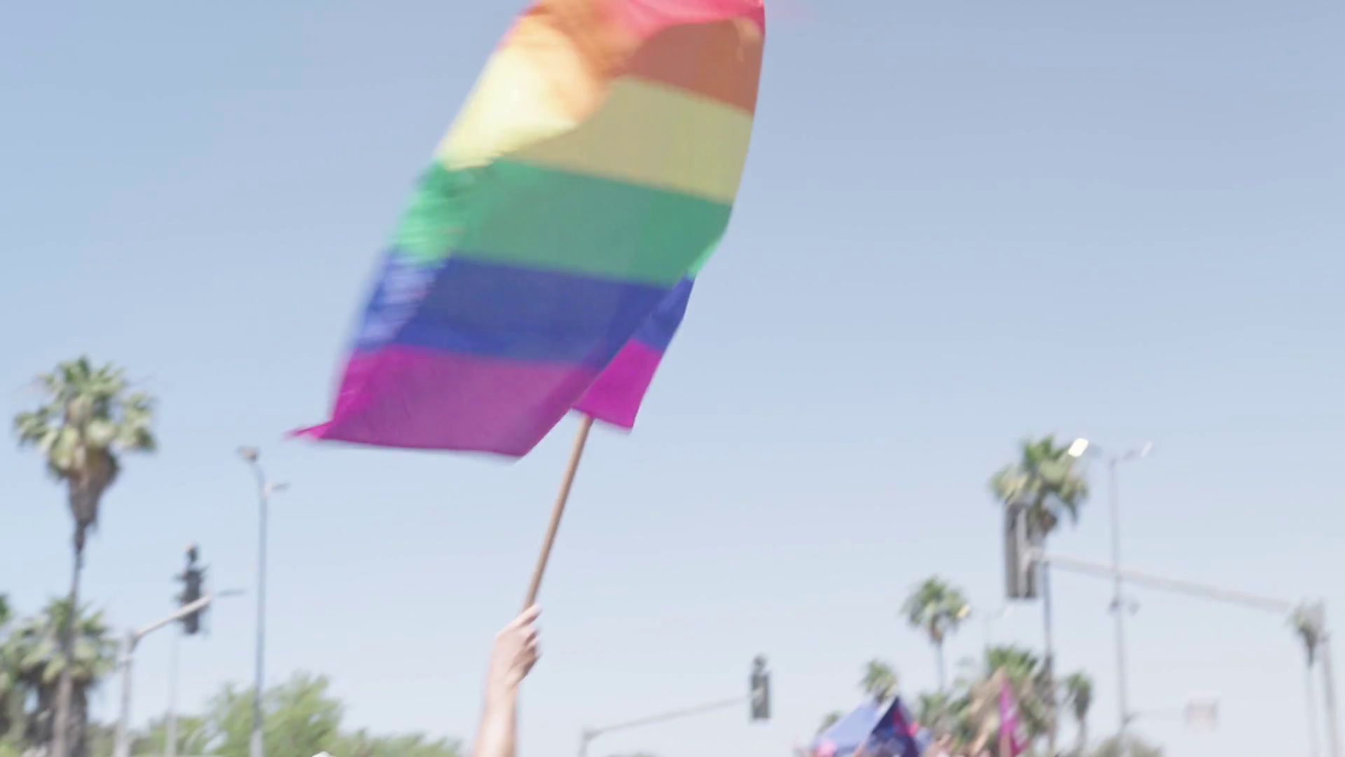 Slow motion of people waving the LGBTQ rainbow flag during a pride ...