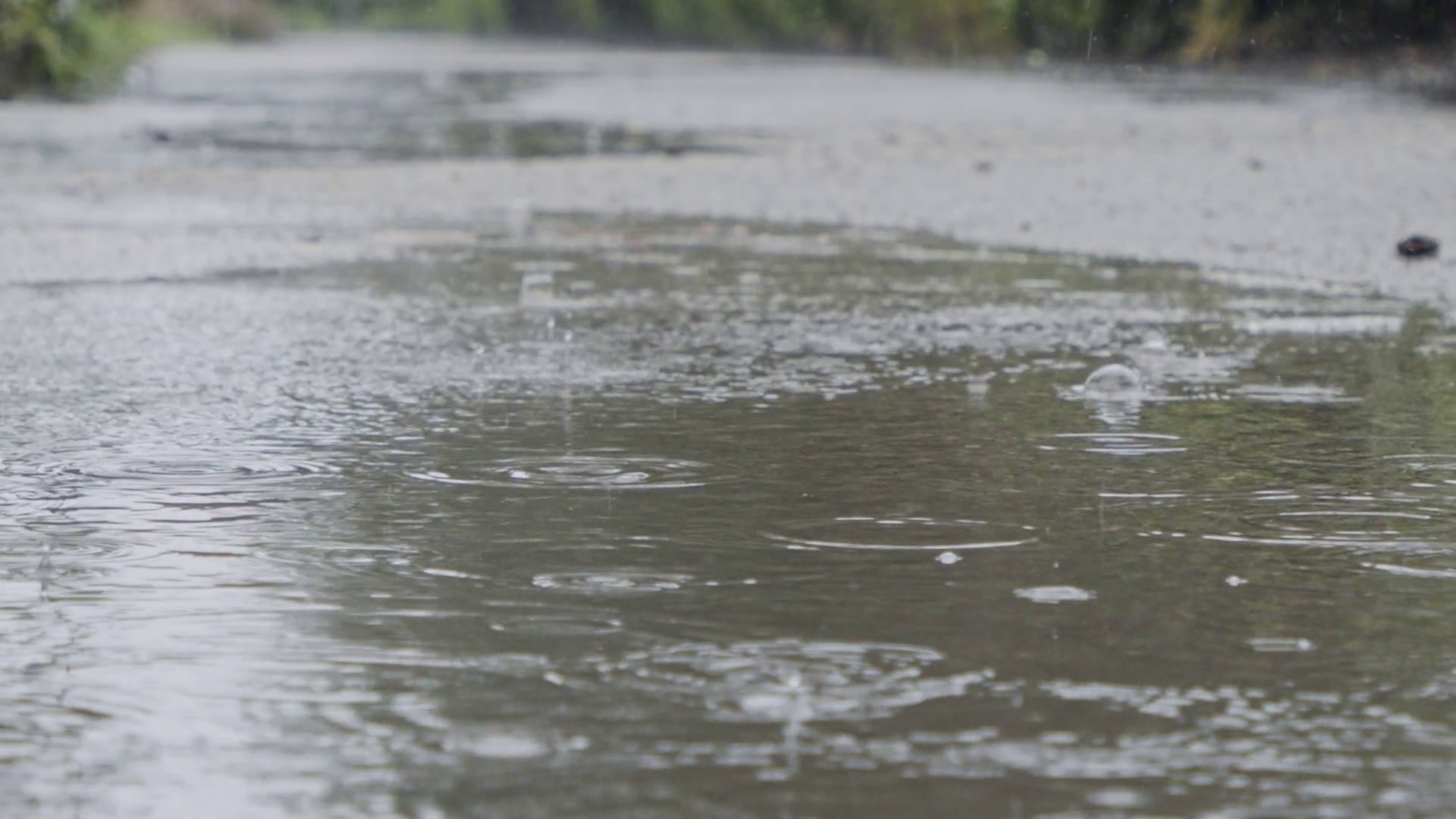 Slow motion of rain drops falling into a water puddle with water ...