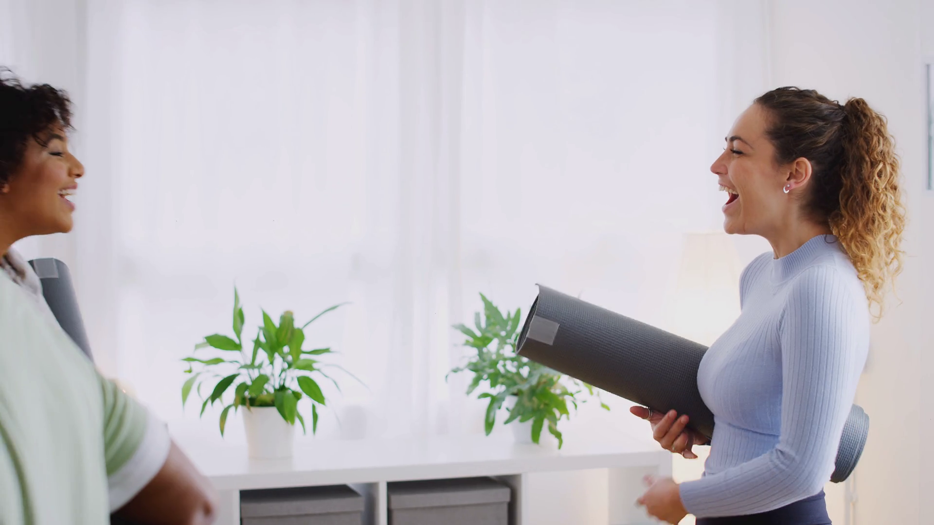 Two Female Friends Hug Meet Fitness Yoga Stock Footage SBV-338765934 ...