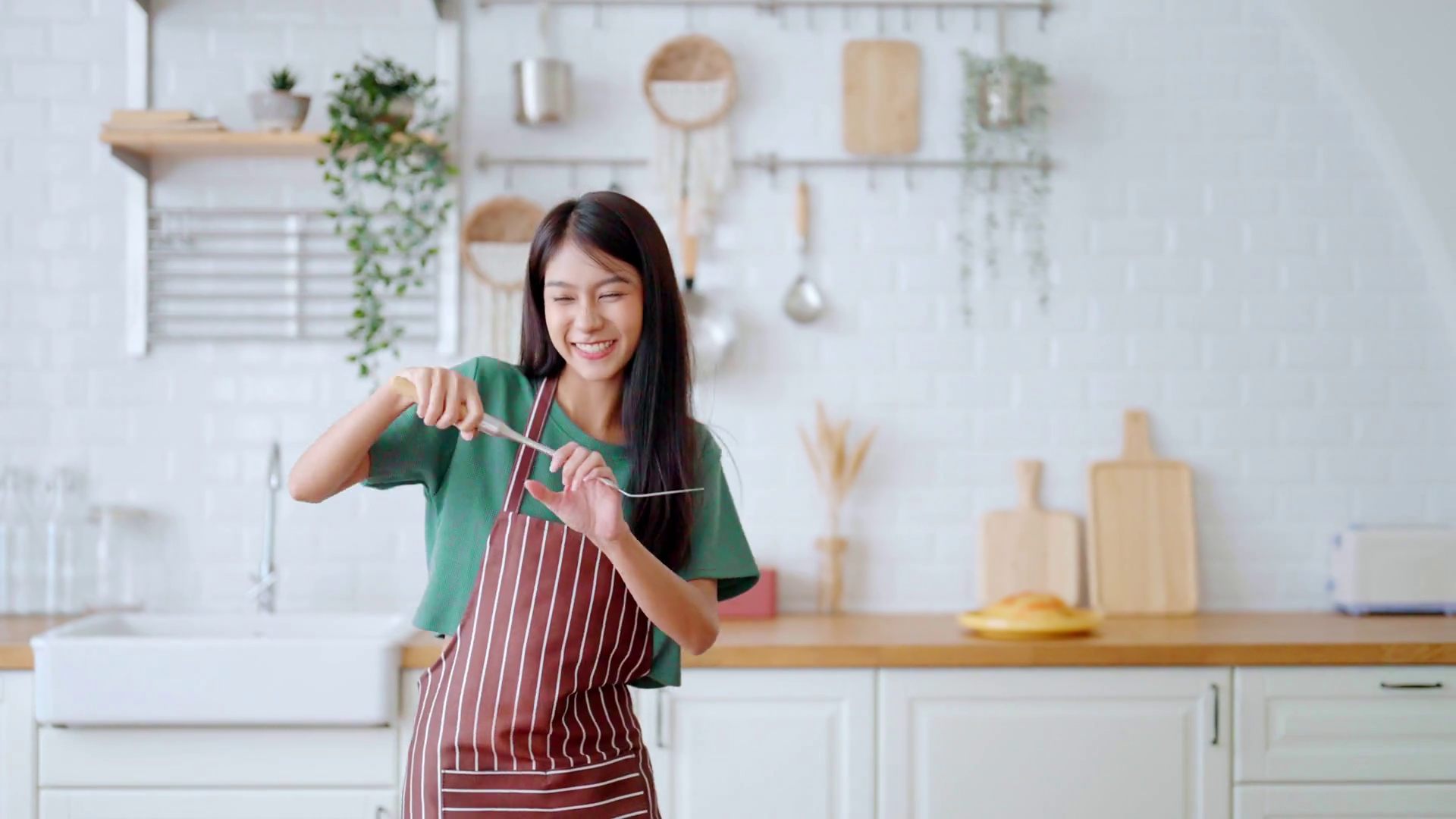 Asian Young Woman Dancing In Kitchen Room Stock Footage SBV-347353647 ...