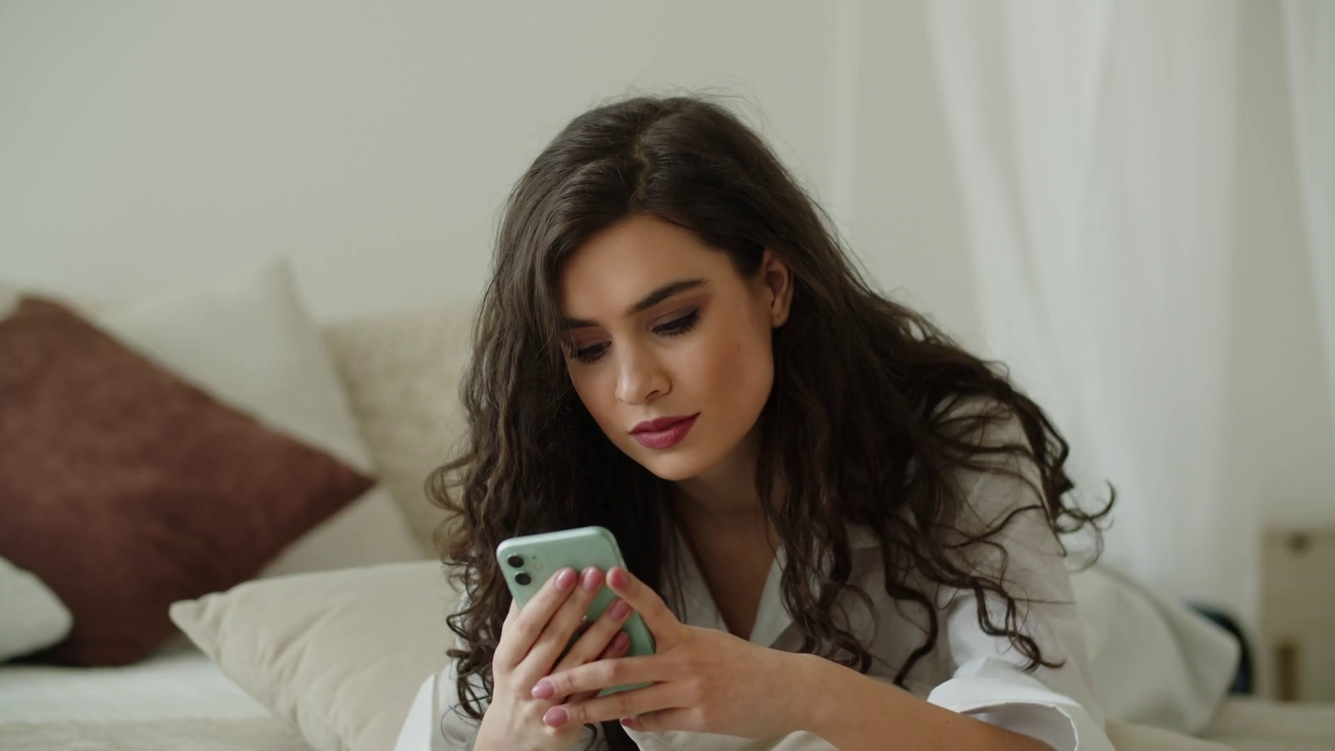 Brunette Girl Texting Phone Message With Stock Footage SBV-348817793 ...