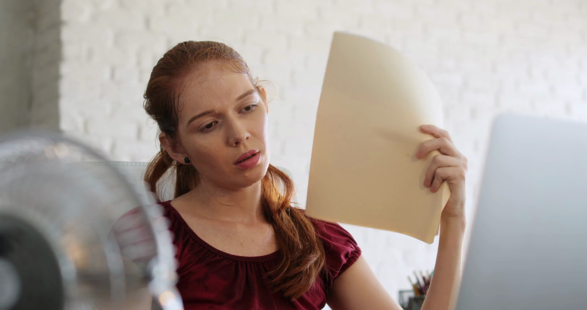 Businesswoman Sweating At Work With Broken Conditioner Stock Video ...
