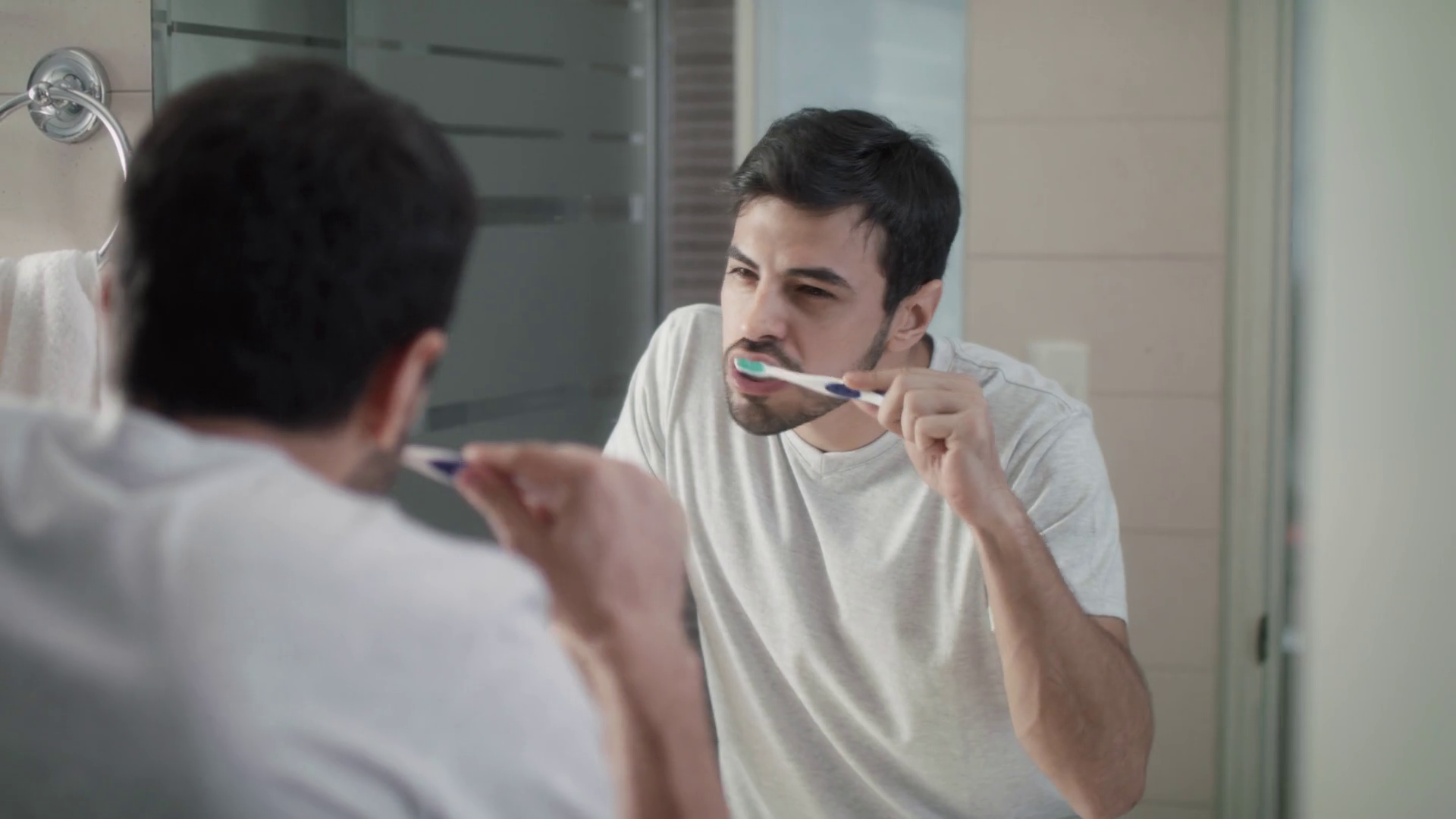 Latino Man Brushing Teeth In Bathroom Mouth Stock Footage SBV-323943023 ...