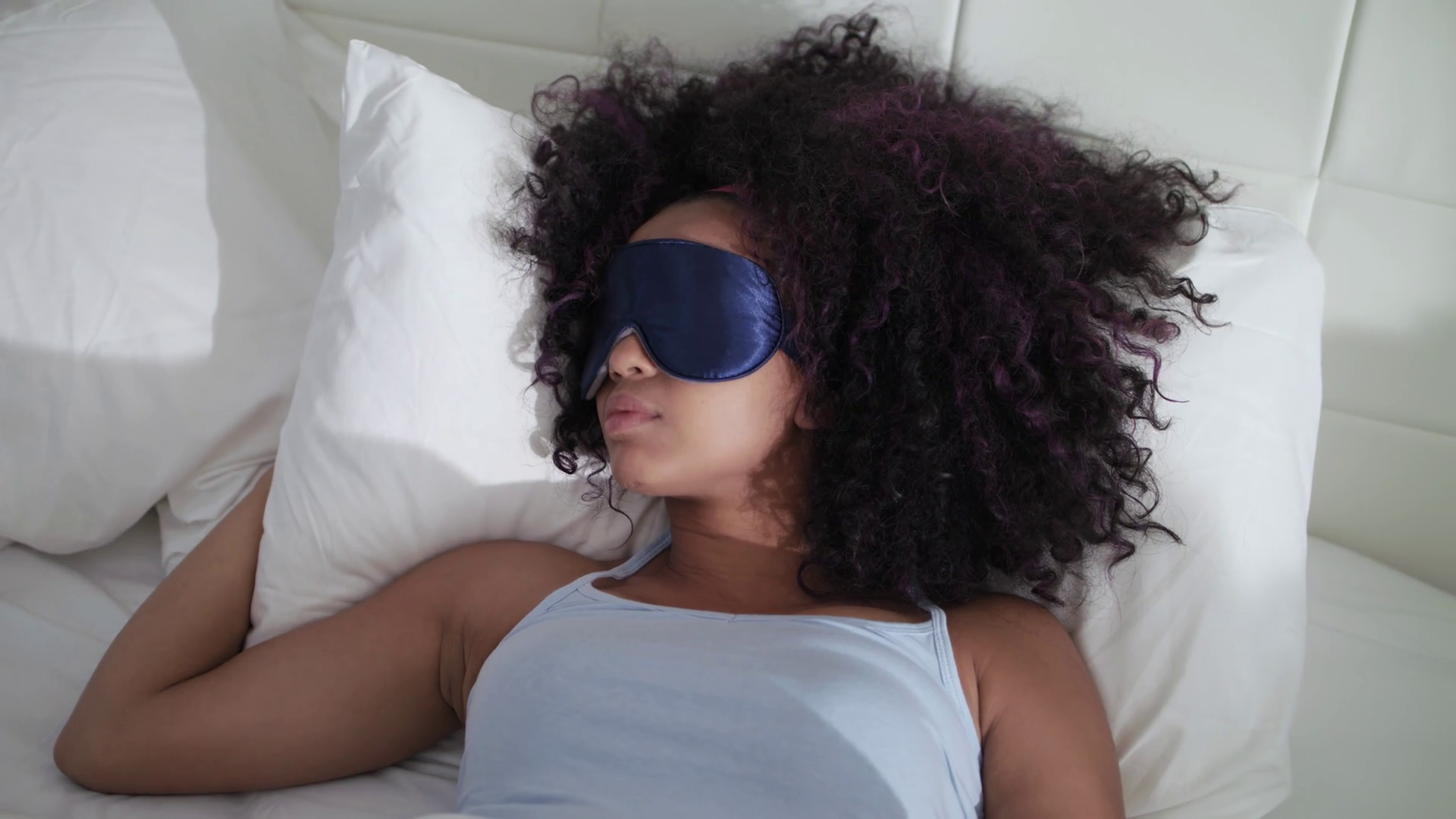 Tired Black Girl Waking Up In Bed With Sleep Mask Stock Video Footage ...