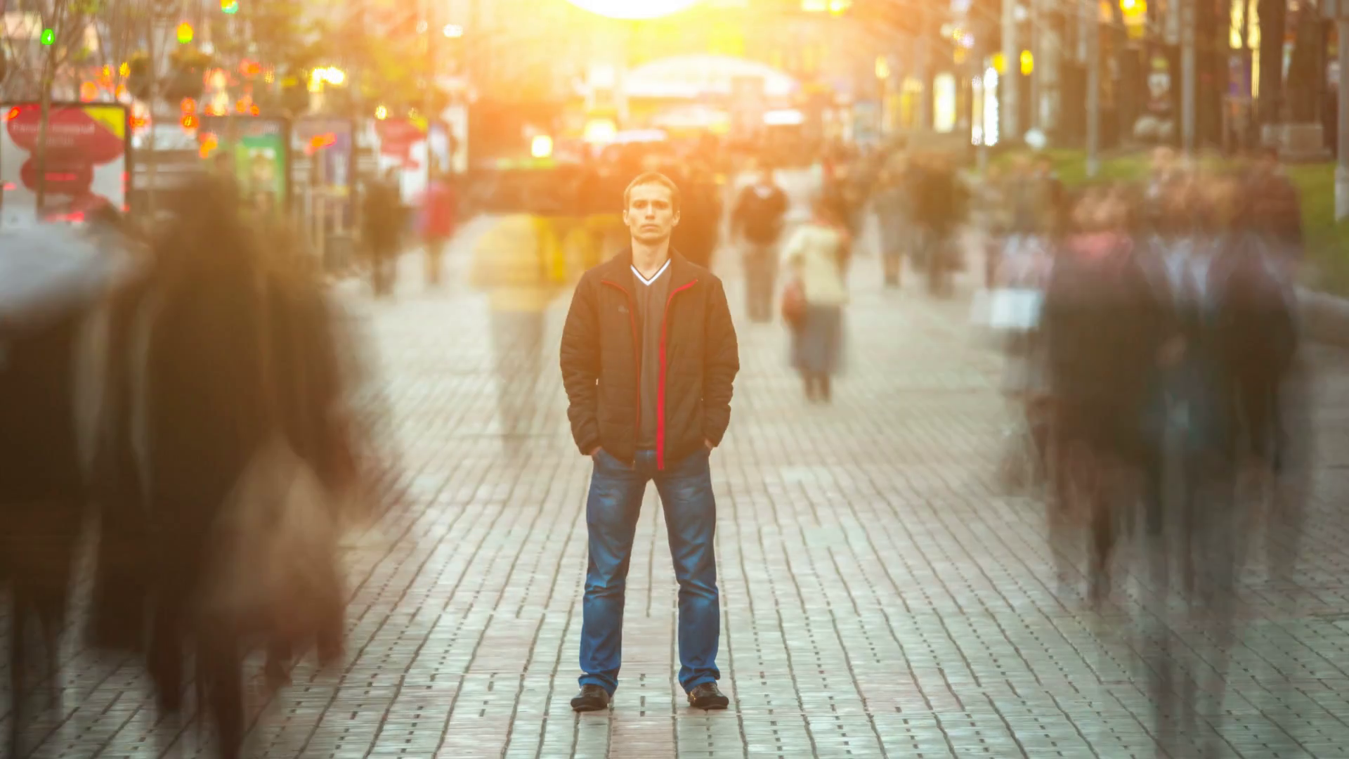 Man stand in ghost crowd stream. sunset on sunrise light flare seen ...
