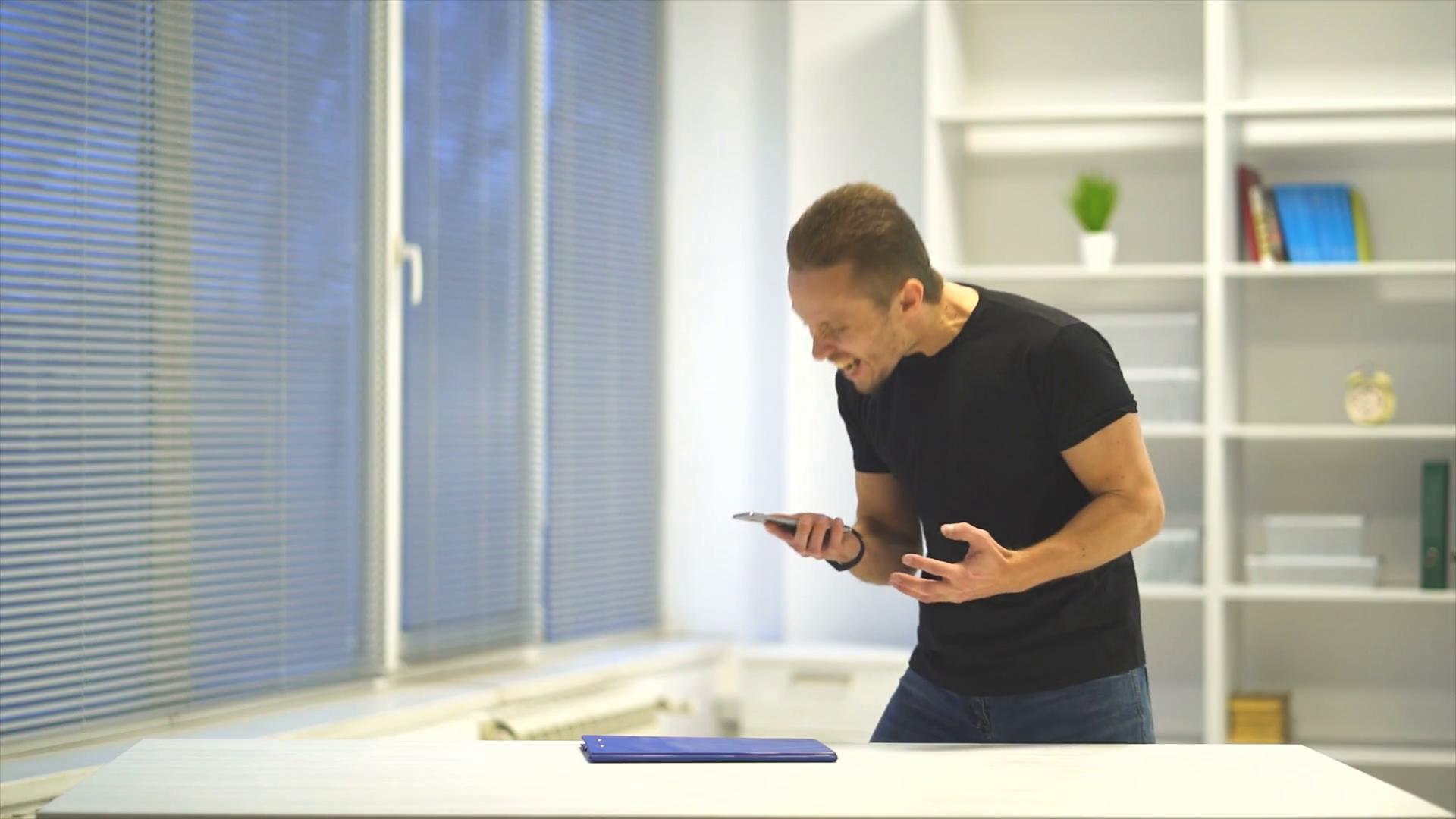 The Man Throws Phone On Table Slow Motion Stock Footage SBV-329651506 ...