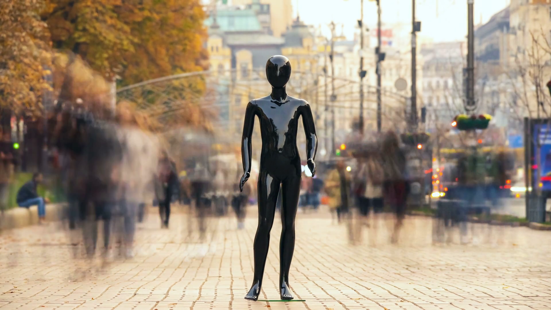 The mannequin standing in a people crowd on the street. time lapse ...