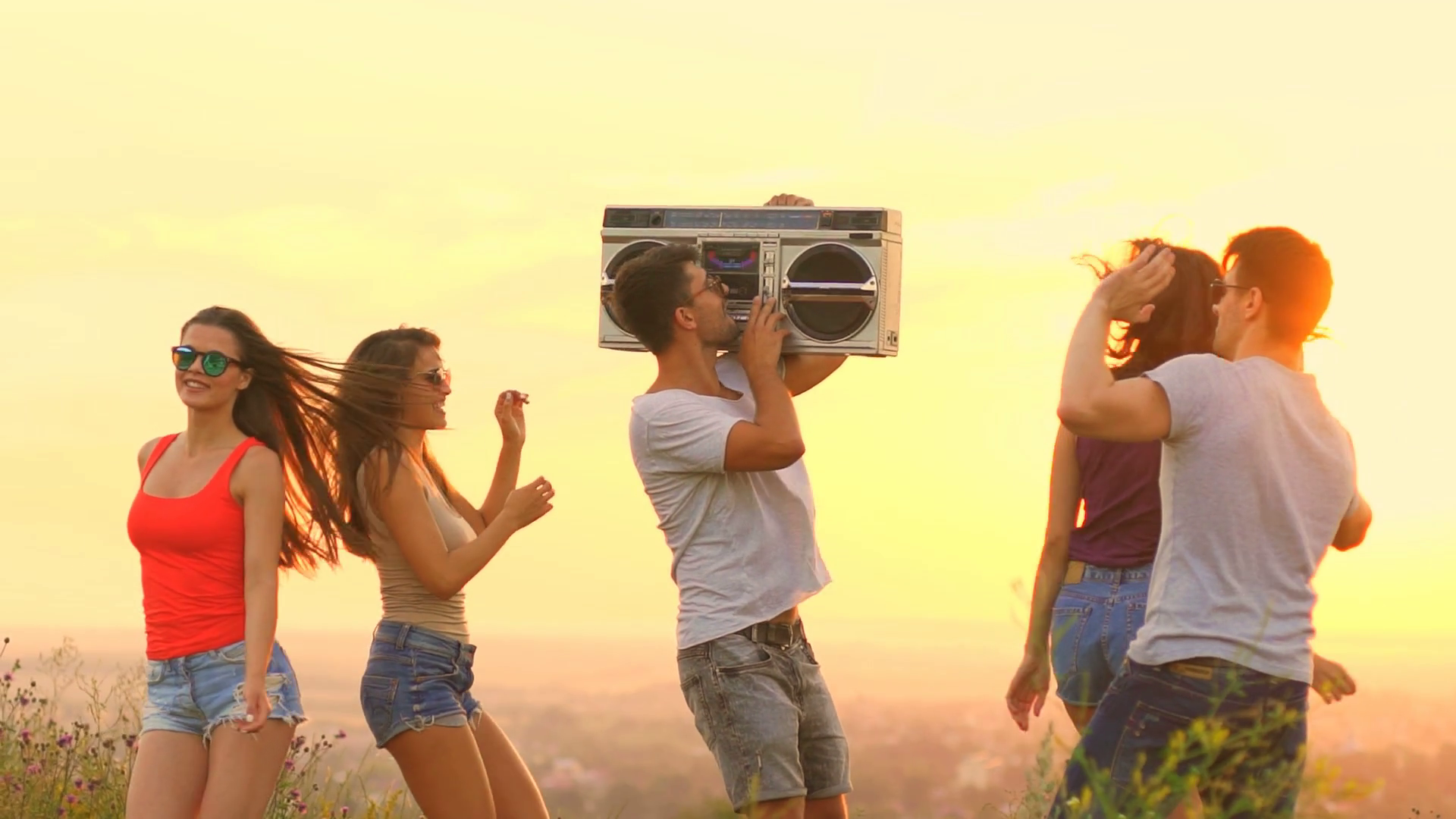 The People With Boom Box Dancing On Sunrise Stock Footage SBV-317599431 ...