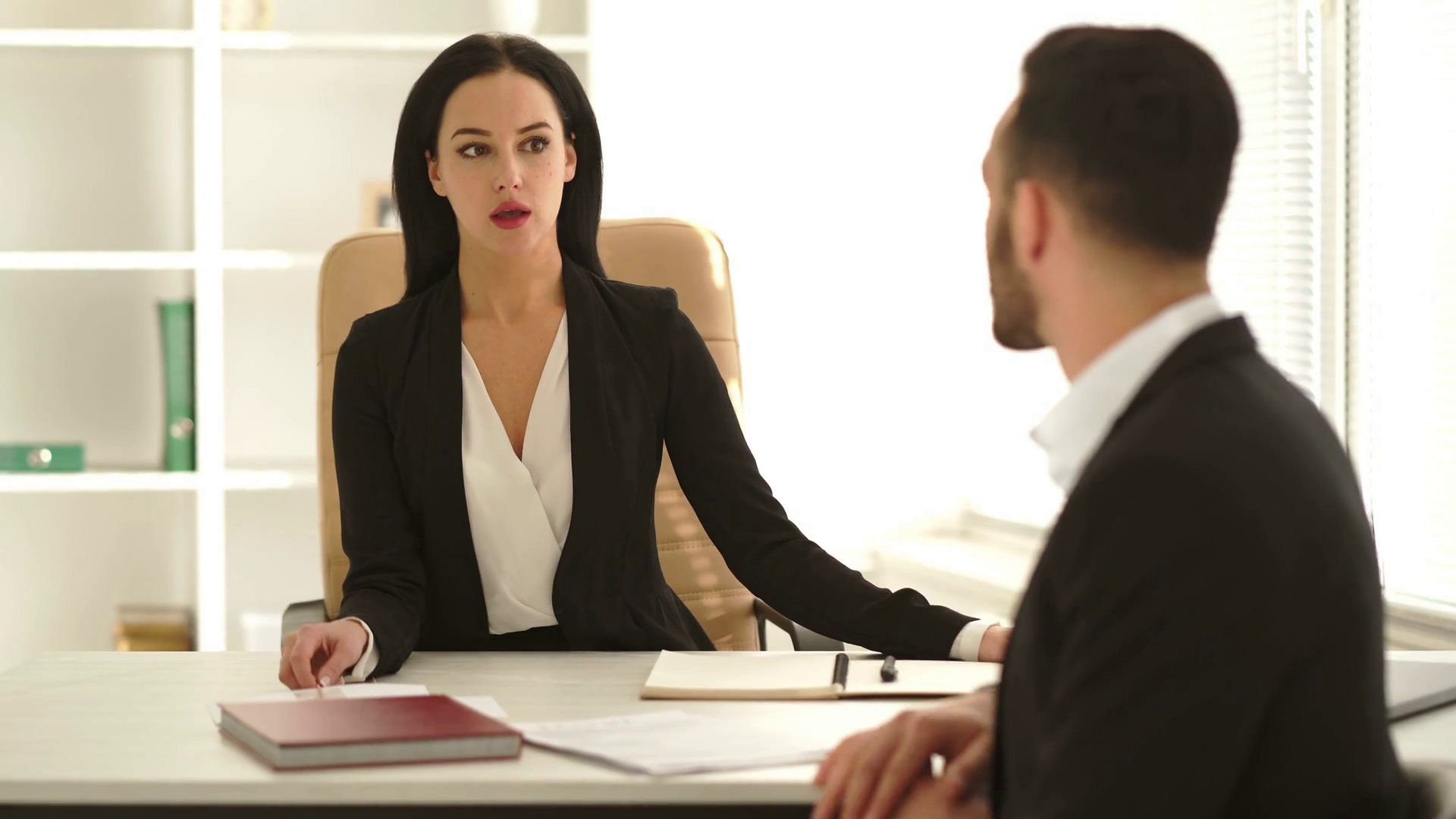 The Woman Interviews Man At Office Table Stock Footage SBV-337770096 ...