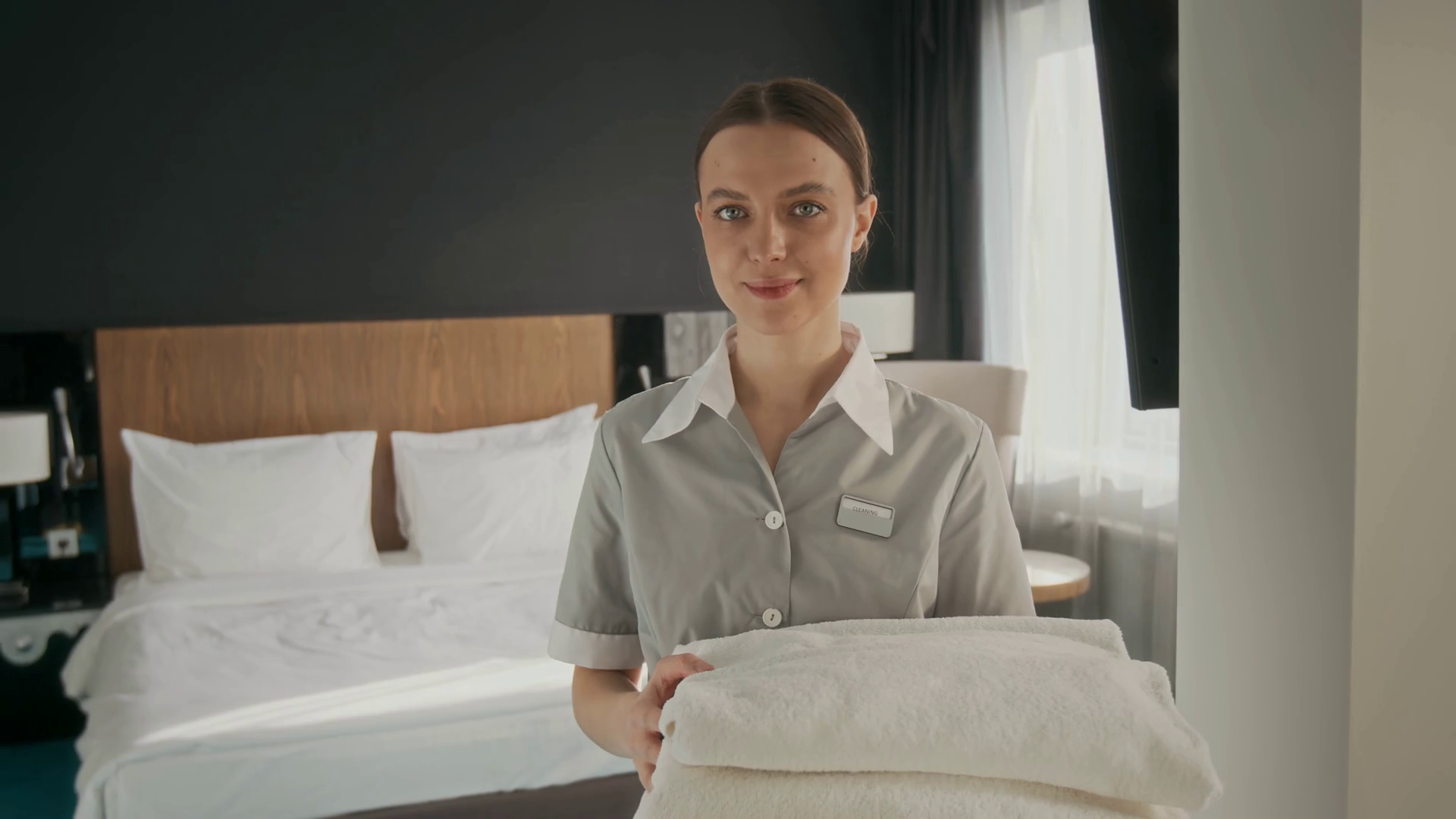 Portrait Of Female Room Attendant In Uniform Stock Footage SBV ...