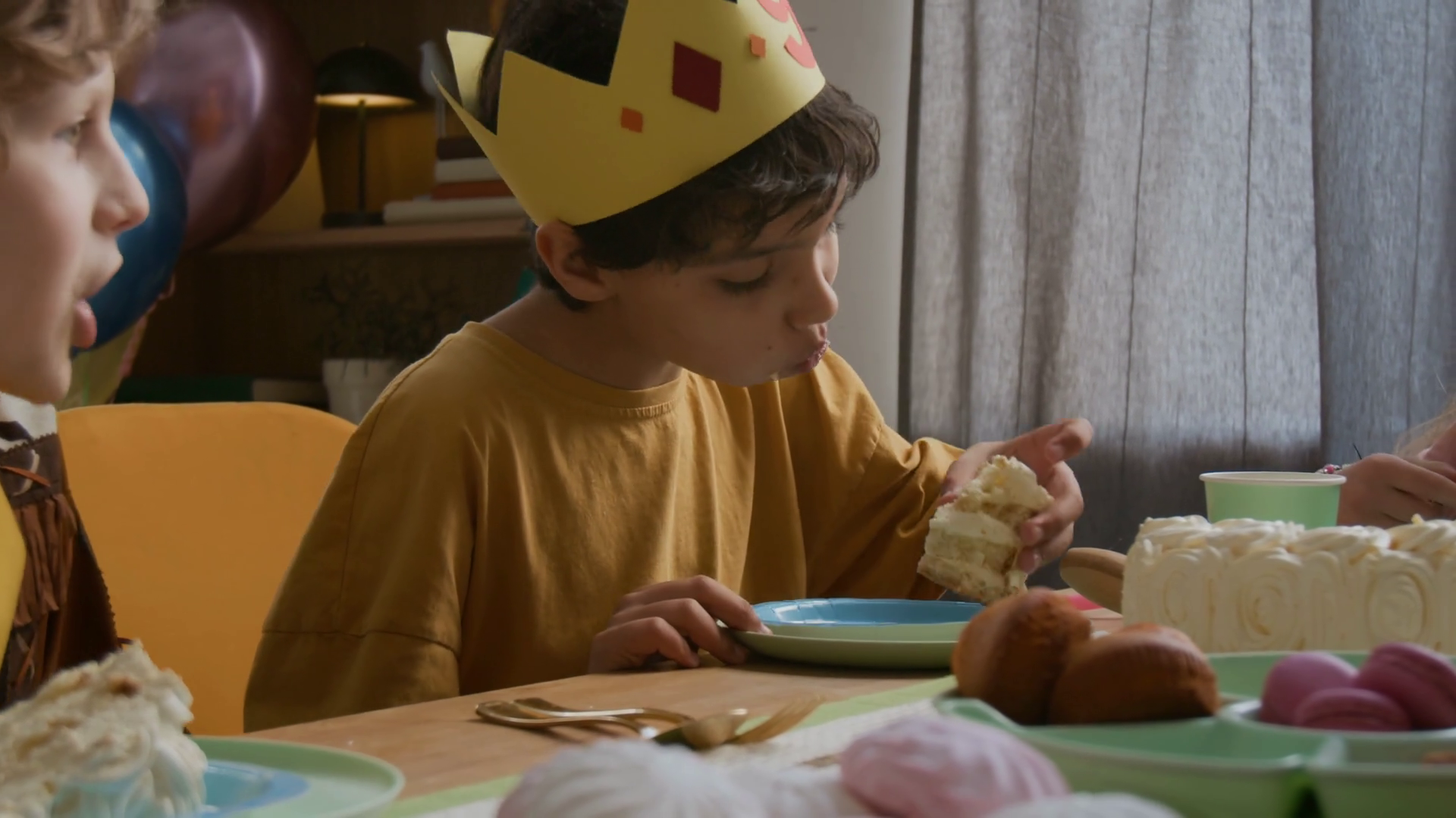 Boy In Paper Crown Hungrily Eating Piece Of Stock Footage SBV-352938027 ...