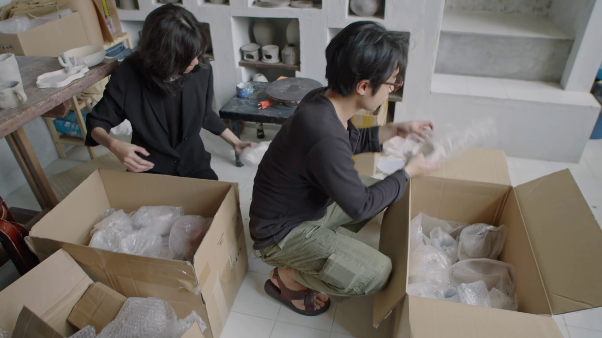 Young Asian Pottery Workers Packing Handmade Stock Footage SBV ...