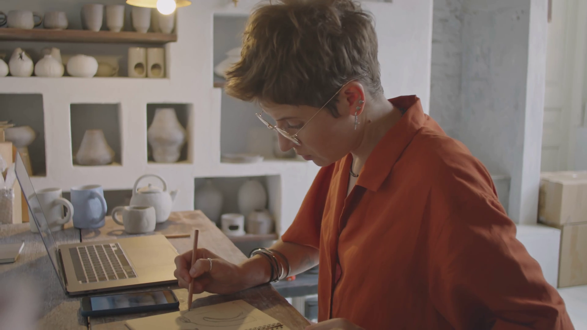 Young Short Haired Woman Drawing Sketch On Stock Footage SBV-347674821 ...