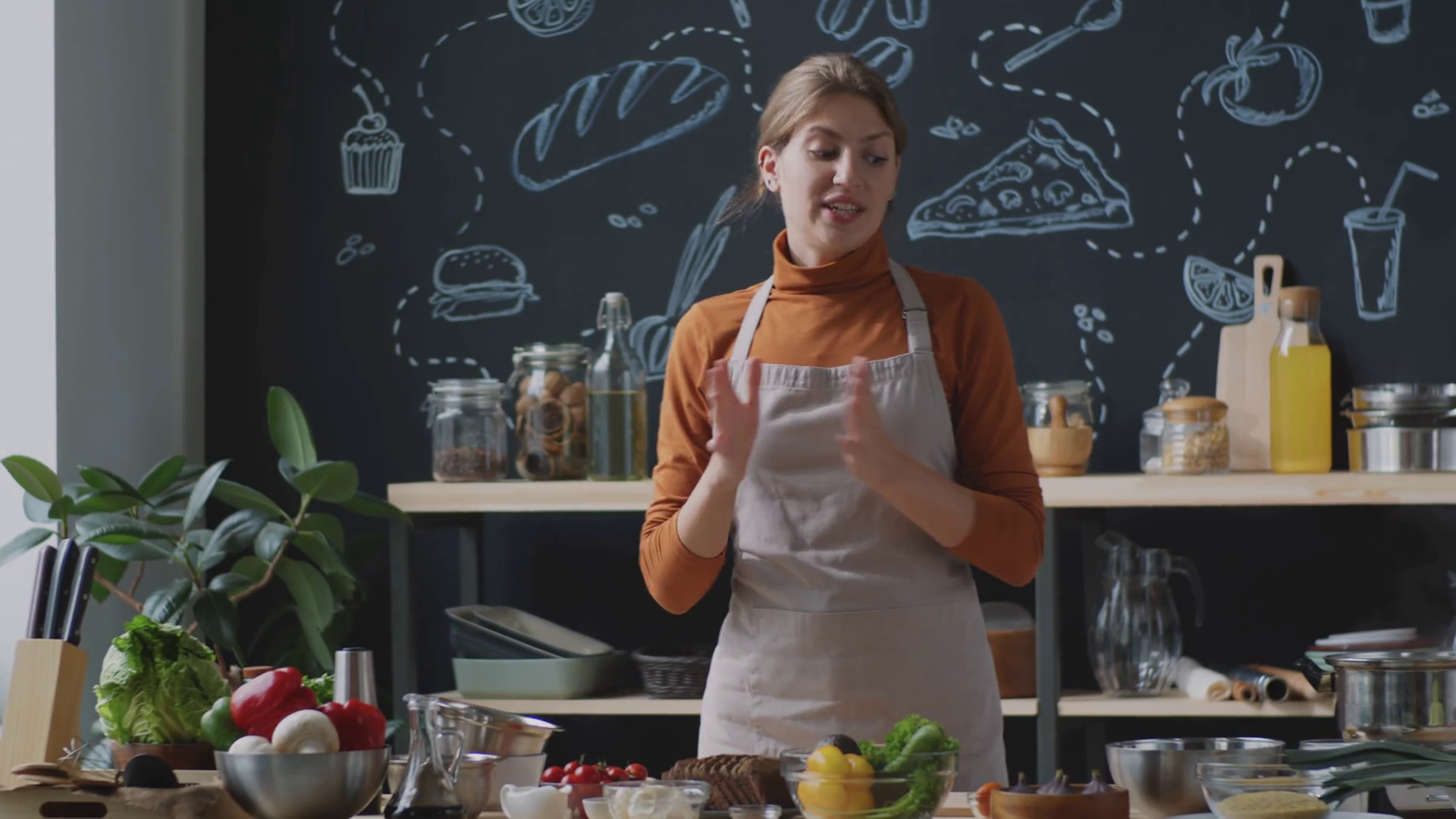 Young Female Food Blogger In Apron Showing Stock Footage SBV-347228288 ...