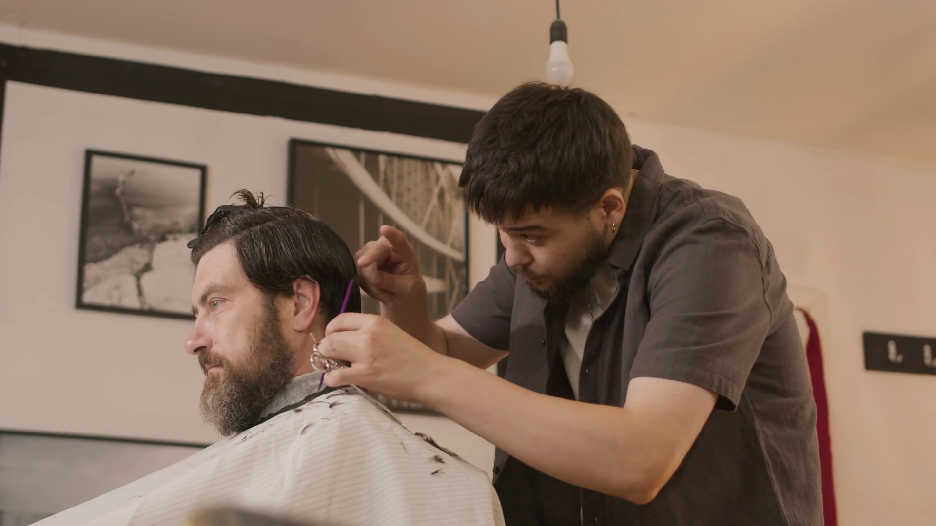 Barber Using Comb Scissors Giving Haircut To Stock Footage SBV ...
