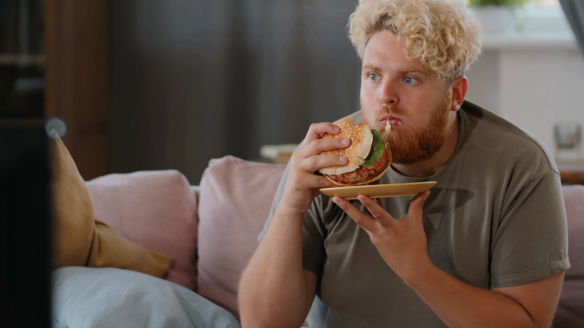 Obese Man Eating Tasty Hamburger Watching Tv Stock Footage SBV ...