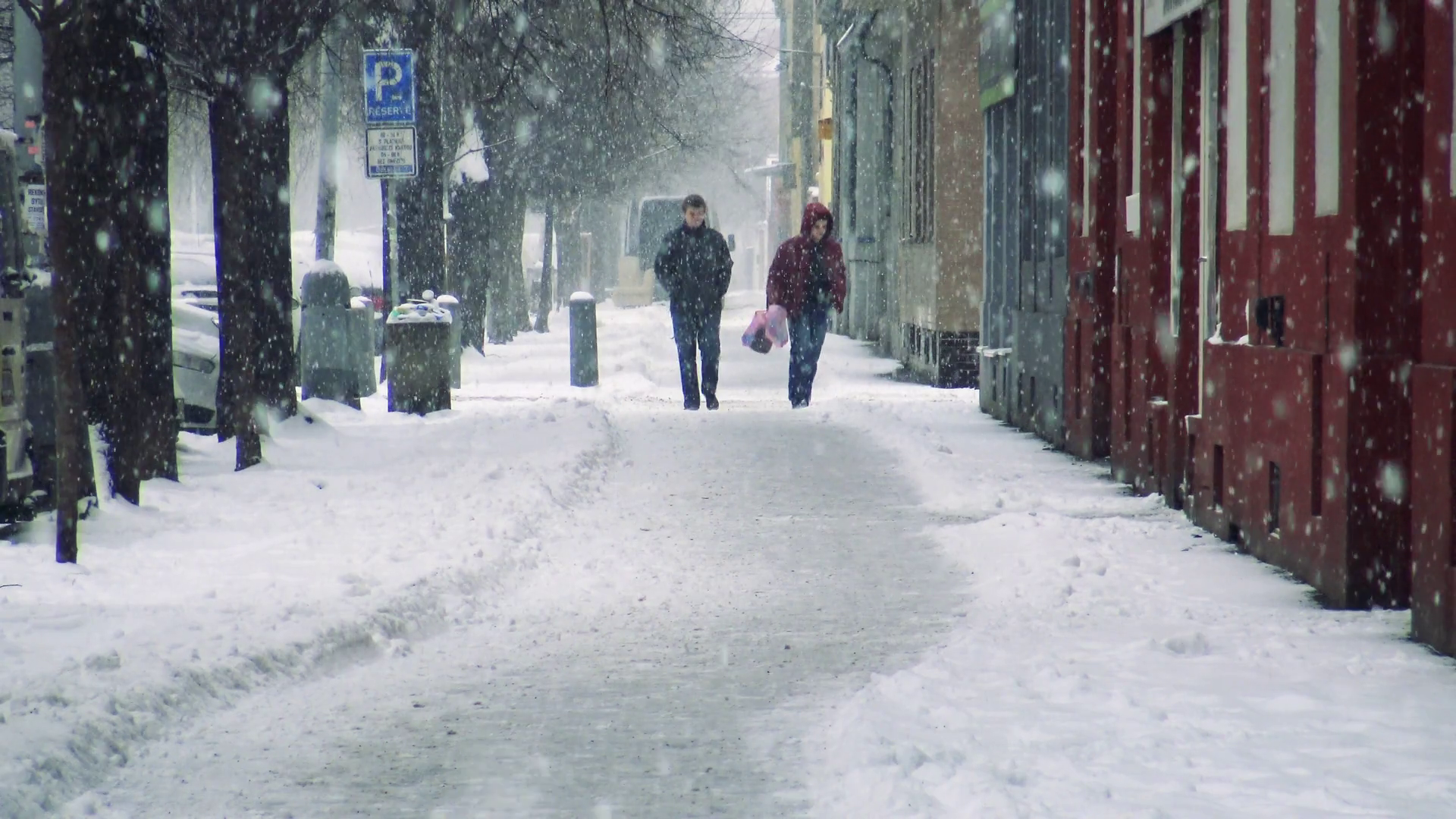 Snowy Sidewalk With People Walk At Heavy Stock Footage SBV-311474591 ...