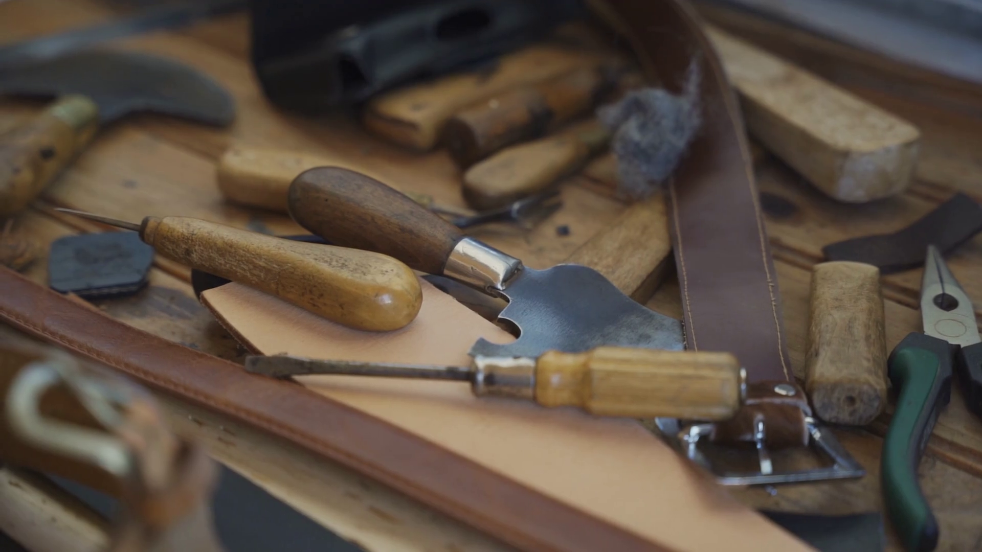Leather Workshop With Tools Laying On Table Stock Footage SBV-347774037 ...