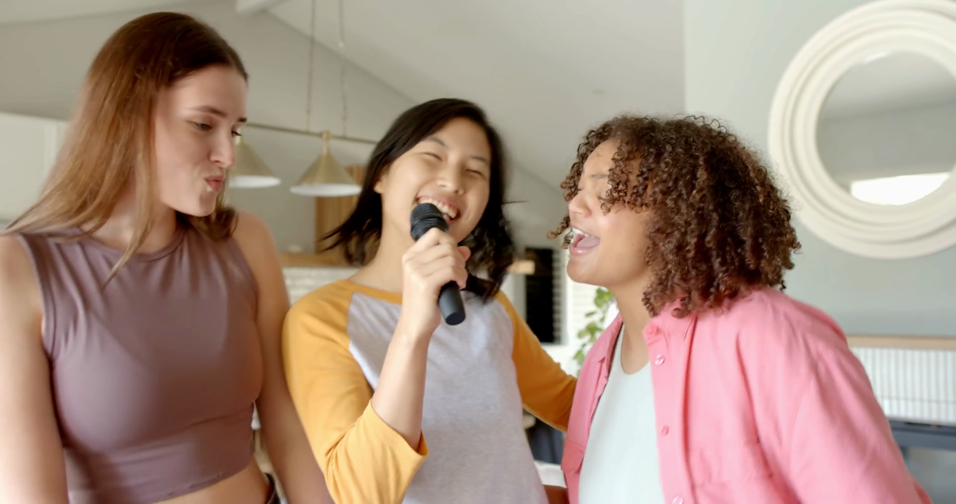 Singing Karaoke Three Women Friends Laughing Stock Footage SBV ...