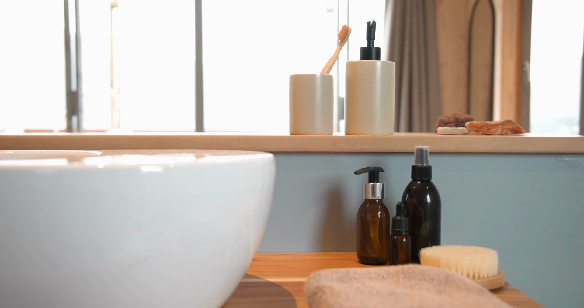 Modern Bathroom With Natural Toiletries Cozy Stock Footage SBV ...