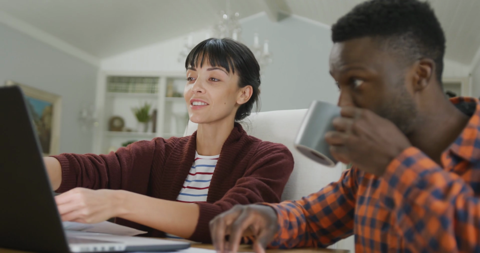 Happy Diverse Couple Sitting At Table Stock Footage SBV-348458233 ...