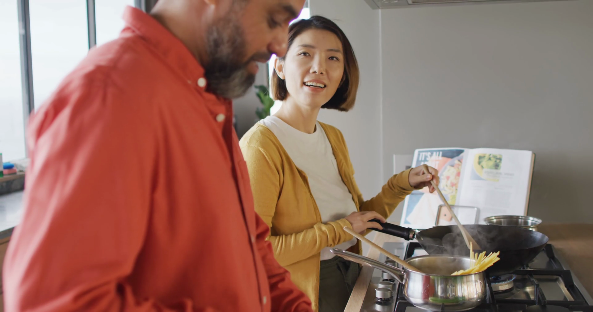 Happy Diverse Couple Cooking Together Mixing Stock Footage SBV ...