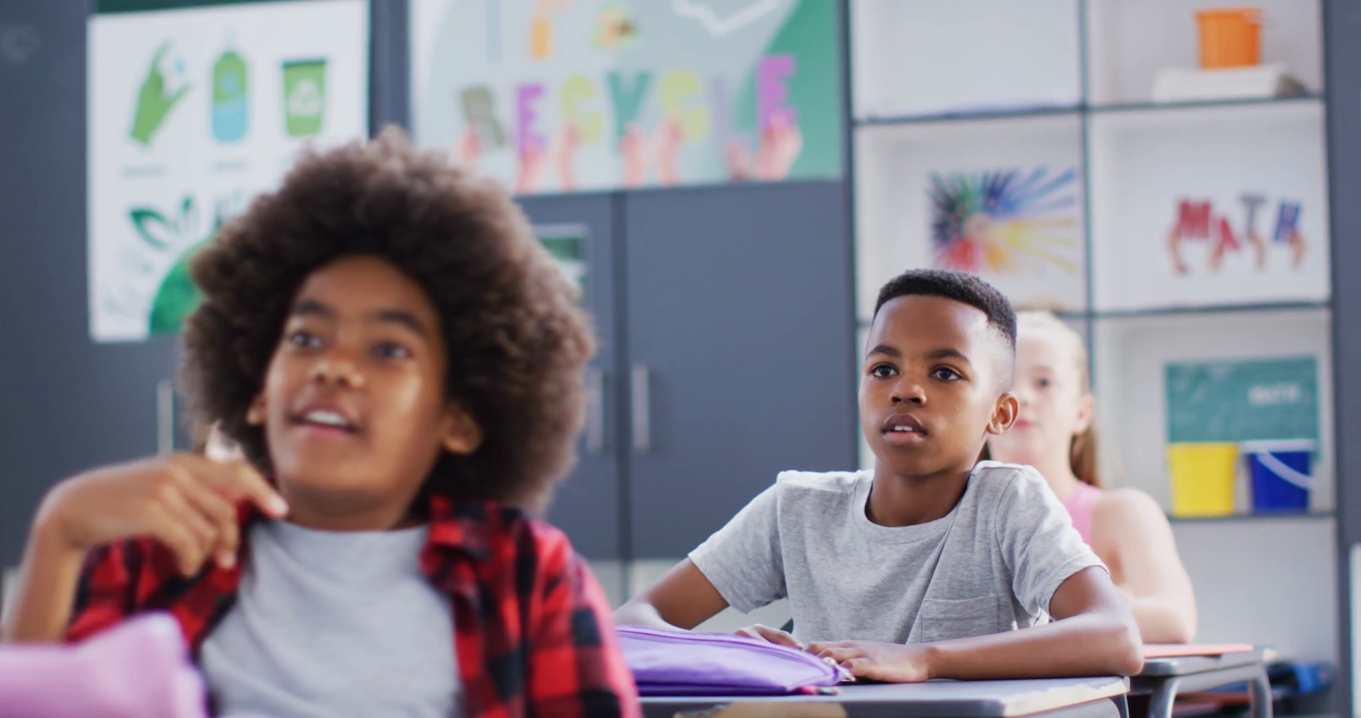 Happy Diverse Schoolchildren At Desks Stock Footage SBV-348442976 ...