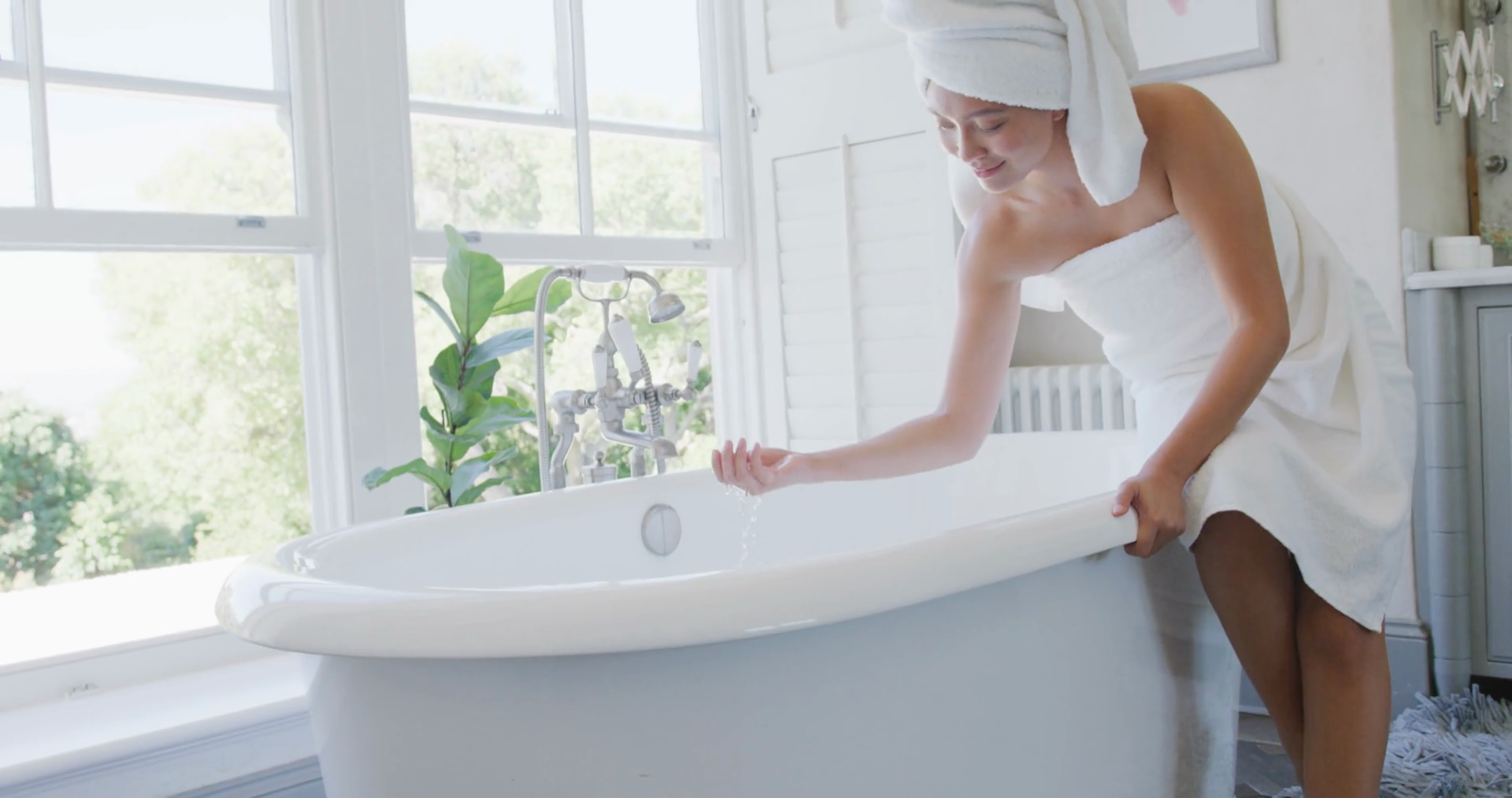 Happy Asian Woman Running Bath In Bathroom Stock Footage Sbv 348439423