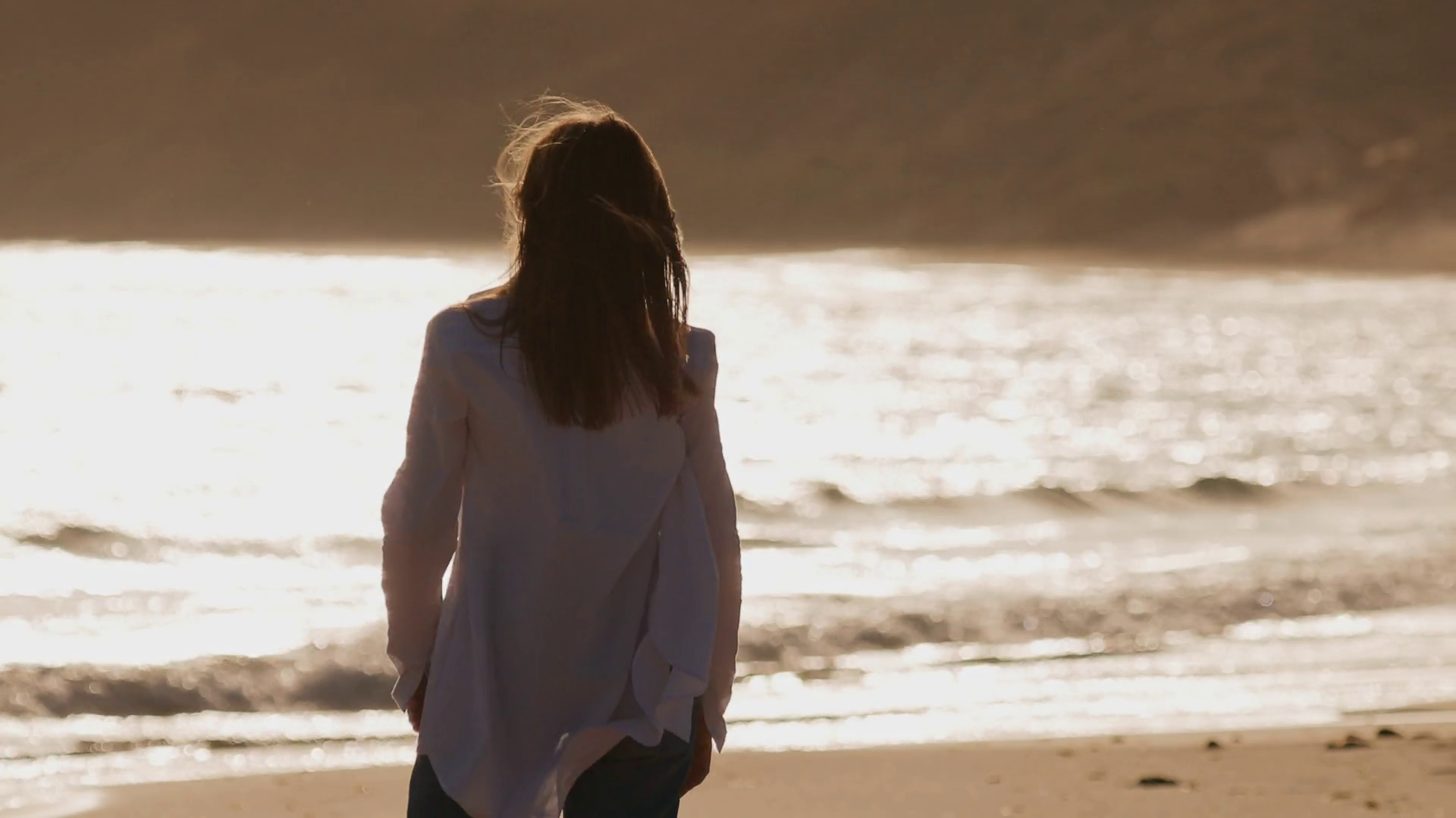 Lonely Girl Stand On Beach Back View Stock Footage SBV-347630243 ...