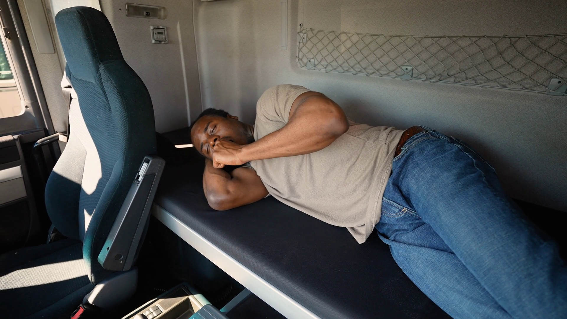 Sleepy Trucker Taking Nap On Bed Inside Stock Footage SBV-353445173 ...