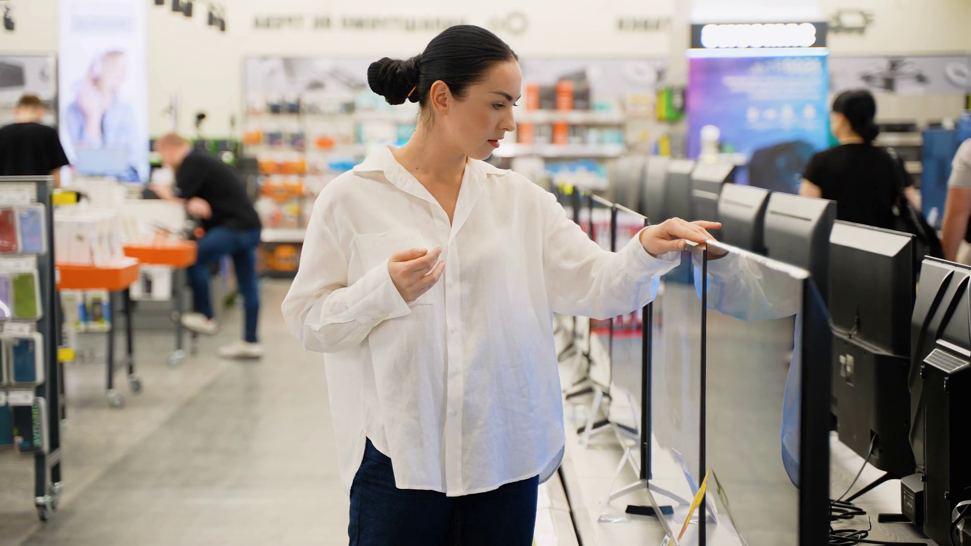 Female Customer Buying New Tv At Tech Store Stock Footage SBV-353258034 ...
