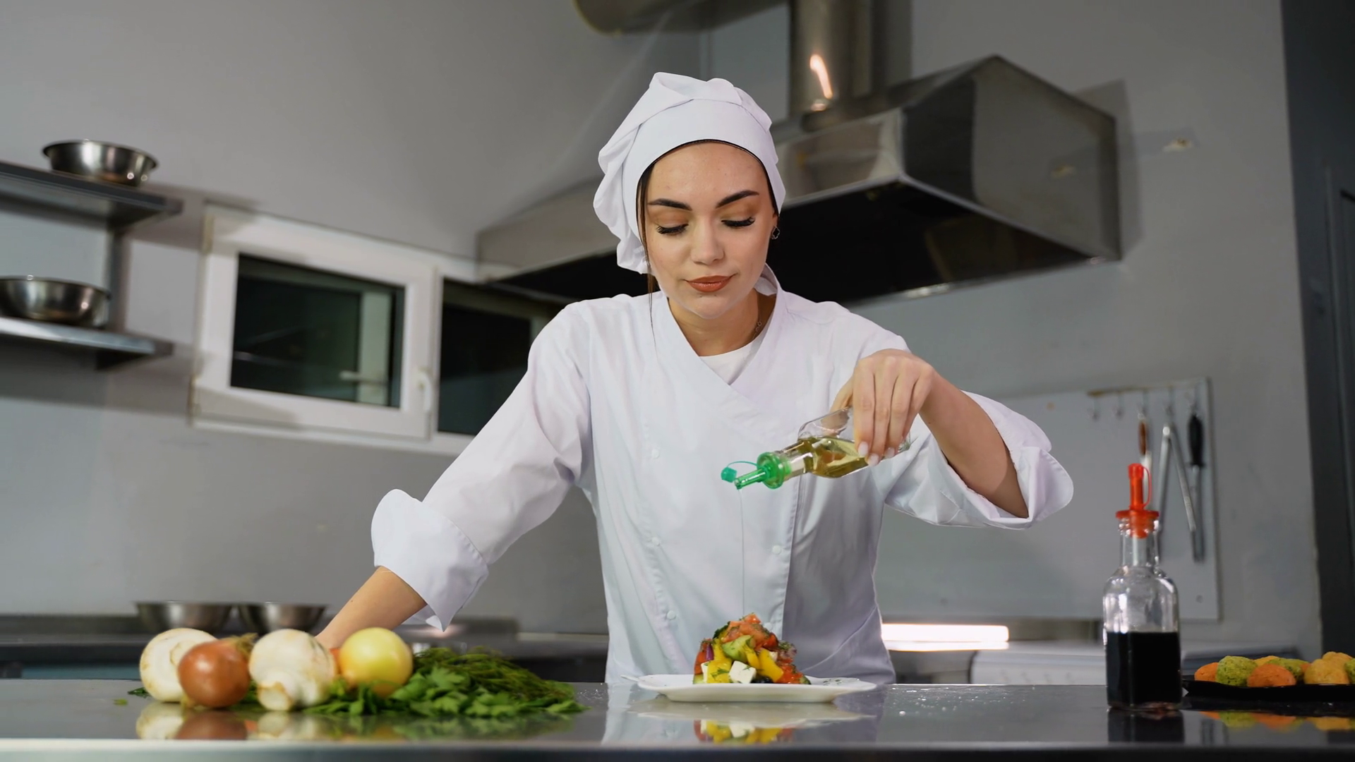 Female Chef Pouring Oil Onto Vegetable Salad Stock Footage SBV ...