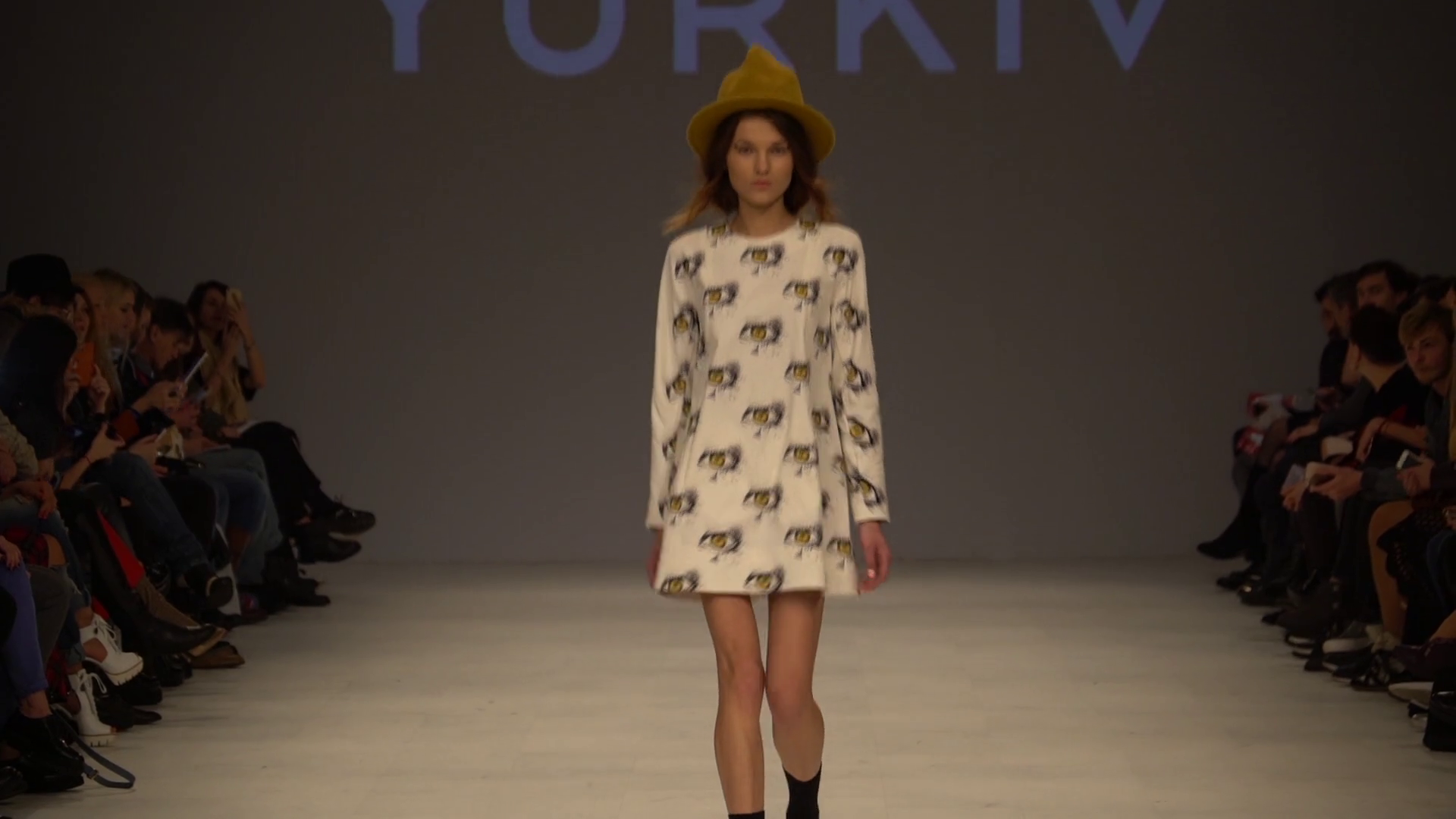 Ukraine, Kyiv : model demonstrates clothes at a fashion show, slow ...