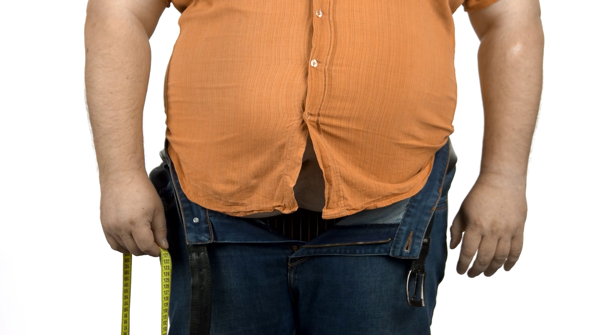 Fat Man In Tight Shirt Measuring Belly Obese Stock Footage SBV
