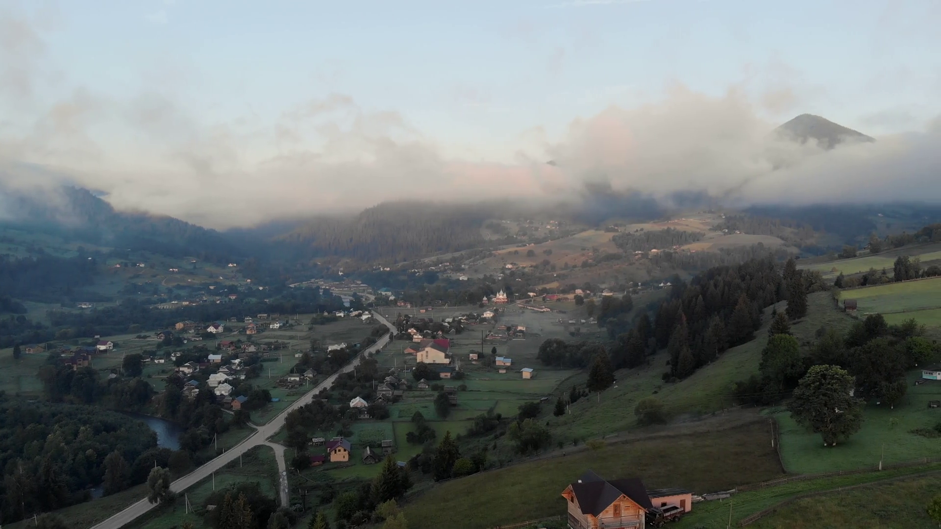 Foggy summer morning countryside, aerial view. Stock Video Footage 00: ...