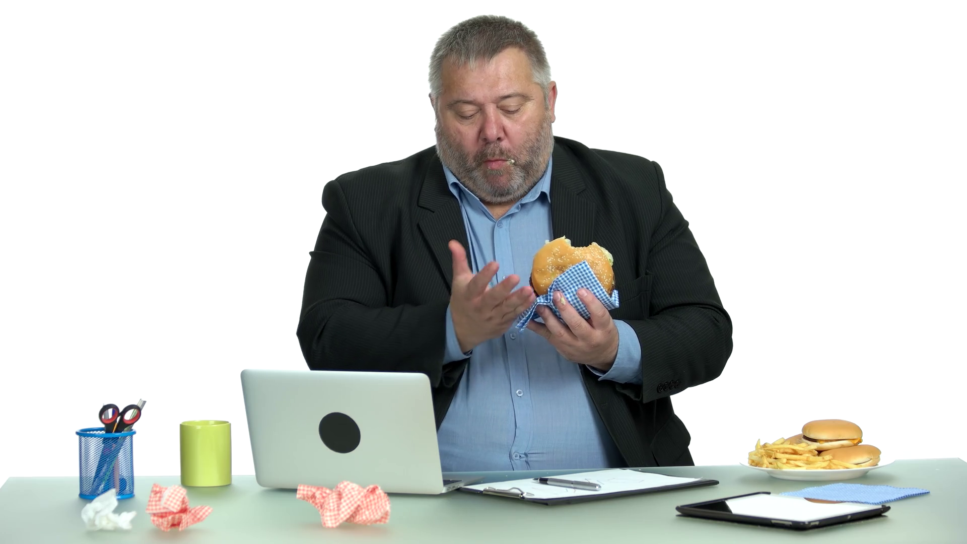 Overweight Businessman Eating Junk Food Busy Stock Footage SBV ...