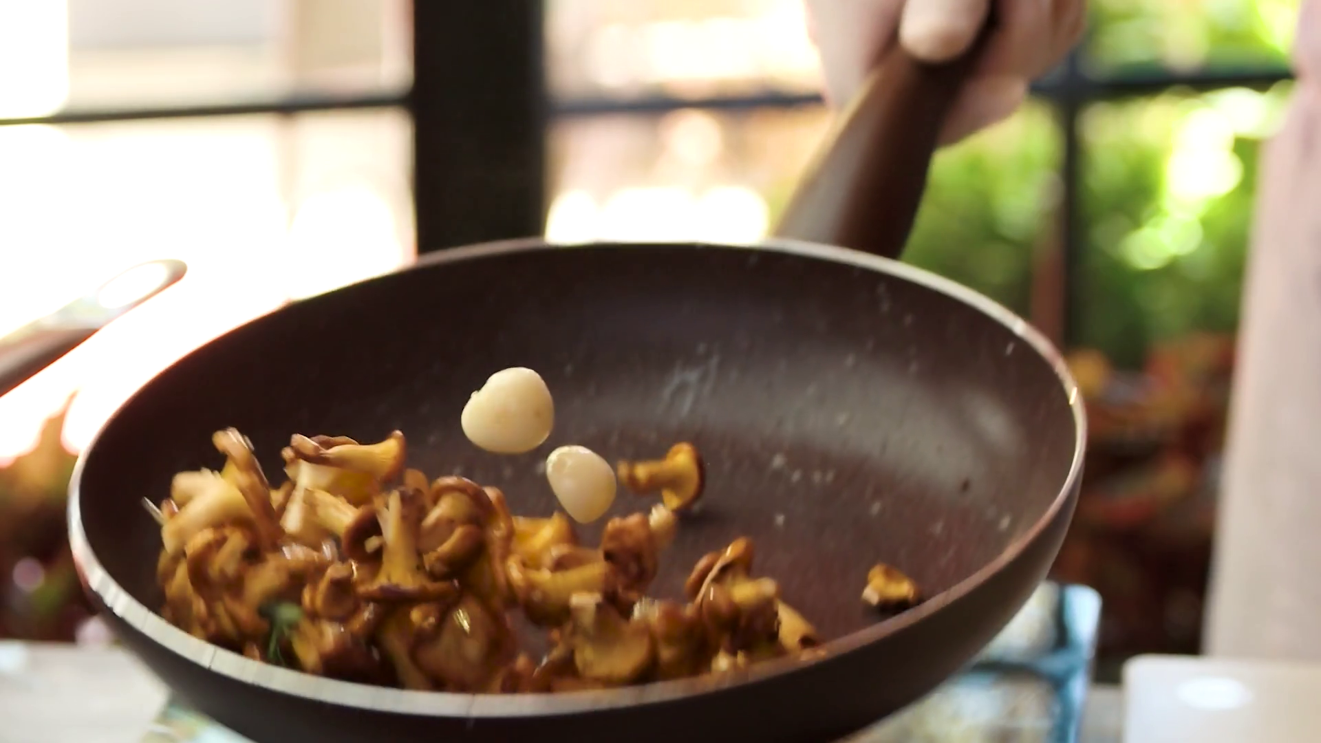 Throwing Food In Frying Pan Mushrooms With Stock Footage SBV-313802750 ...