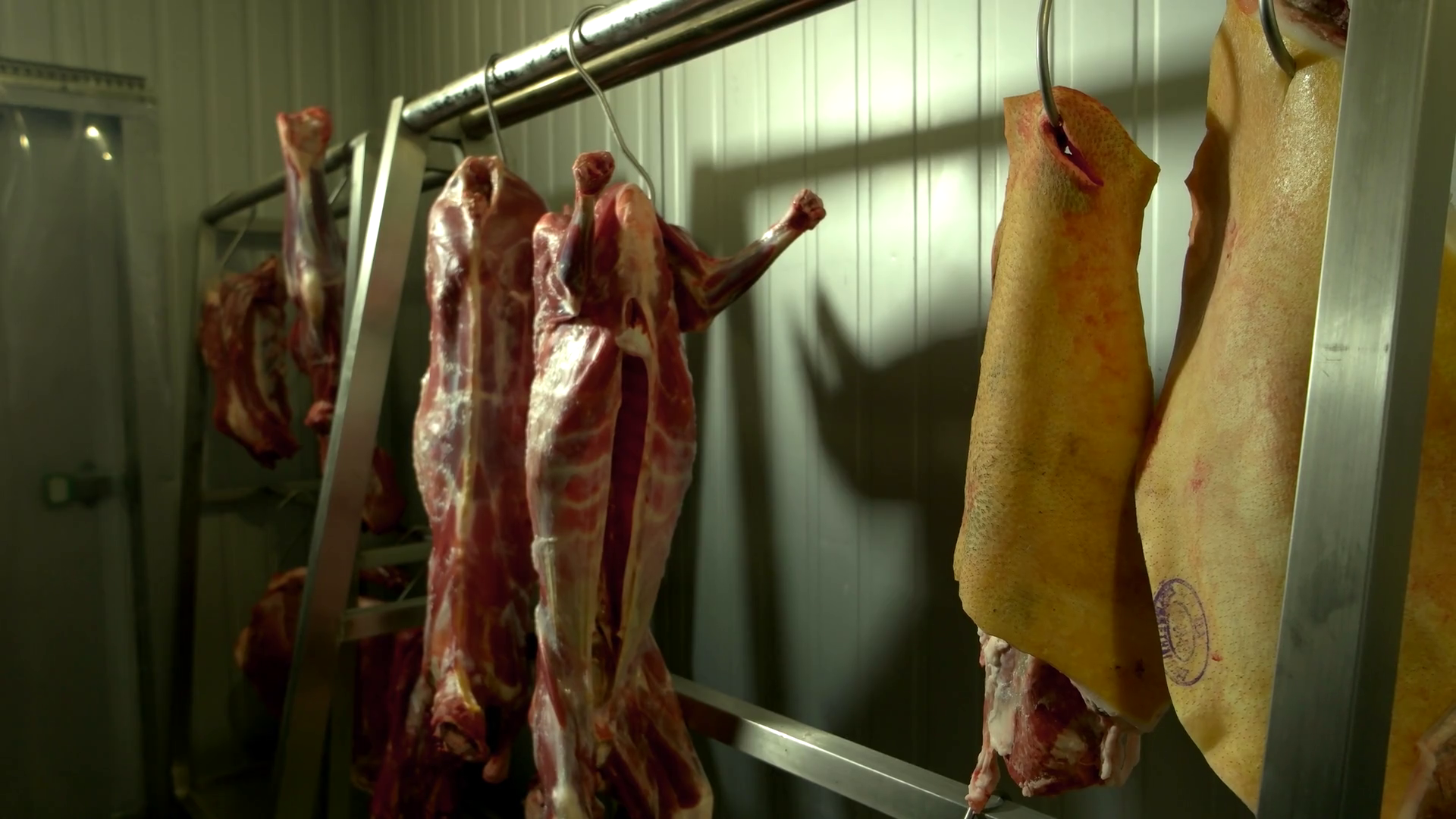 Uncooked Meat Hanging On Hooks Fresh Pork Stock Footage SBV-331514639 ...