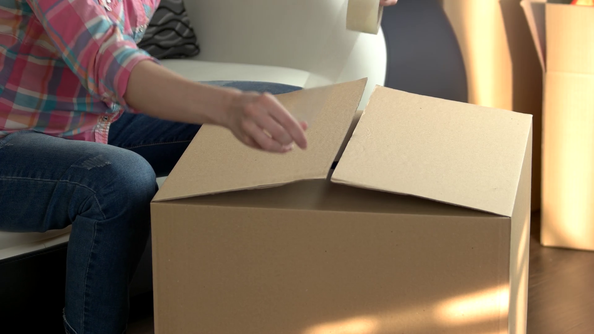 Woman Packing Cardboard Box Hands Using Stock Footage SBV-316755892 ...