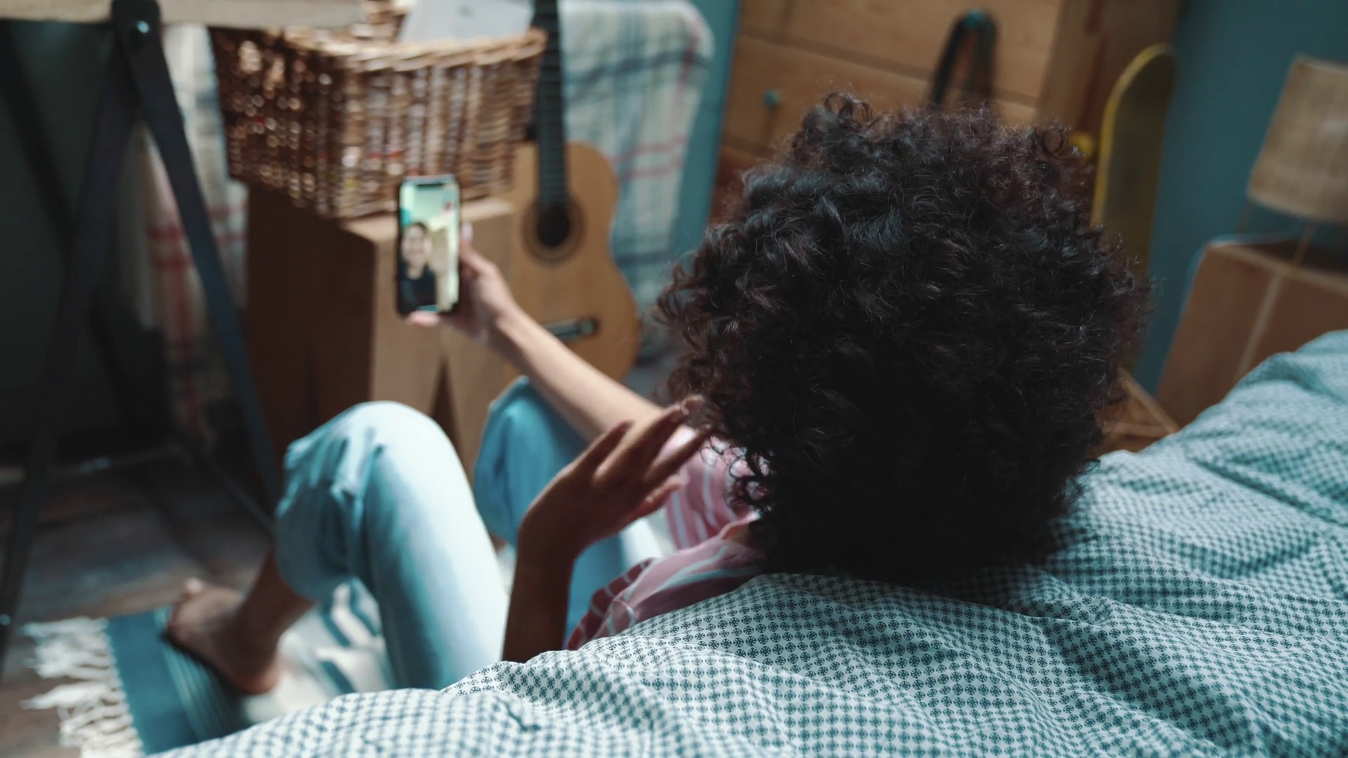 Back View Of Curly African Girl Talking Stock Footage SBV-352515677 ...