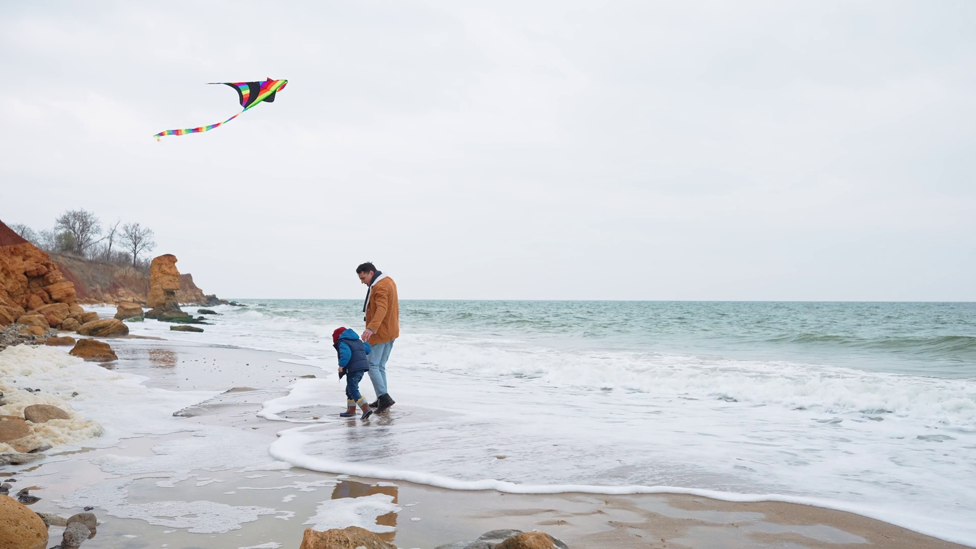 Cute Father Son Walk Along Beach With Kite Stock Footage SBV-352476276 ...