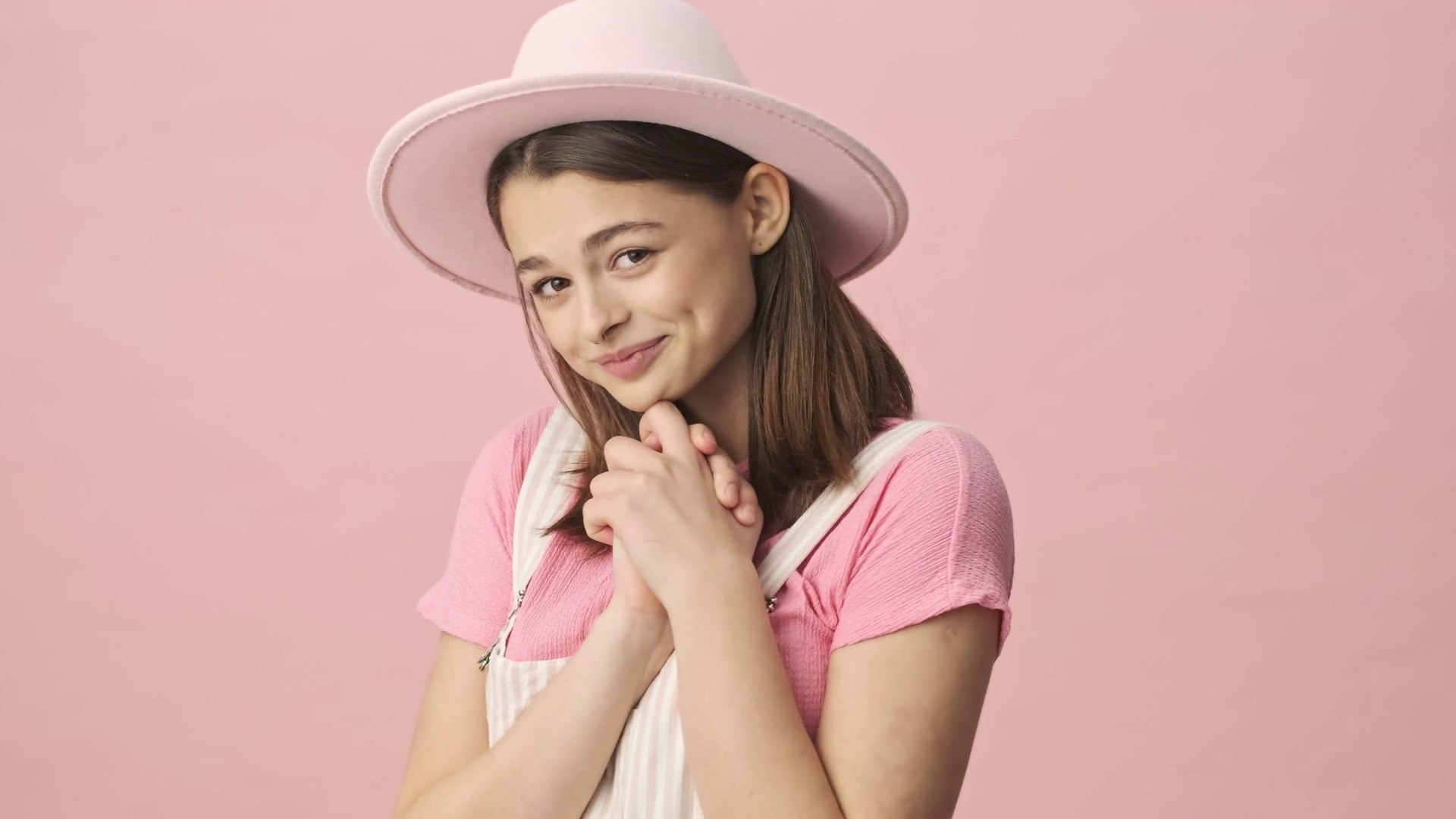 Happy Shy Pretty Brunette Woman In Overalls Stock Footage SBV-352718856 ...