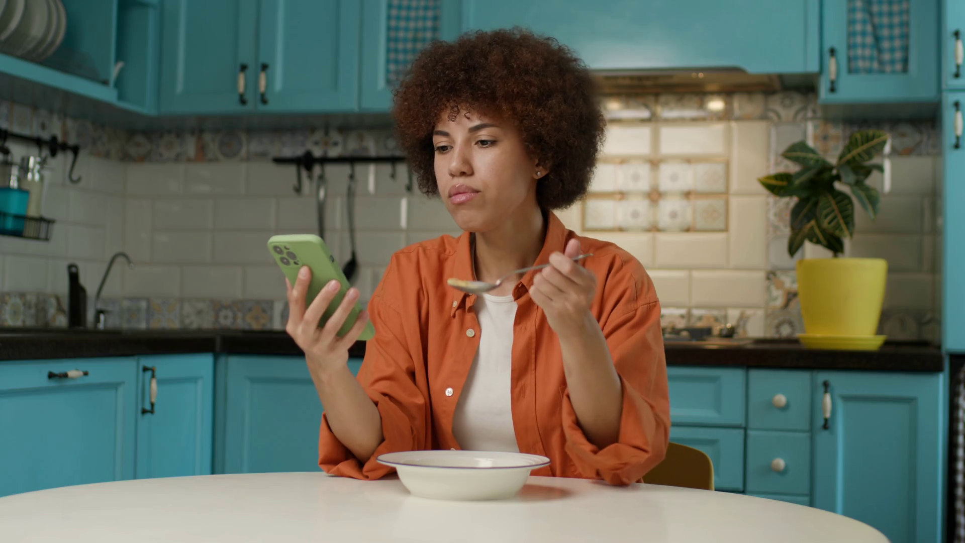 Woman Eating Texting Messages Using Cell Stock Footage SBV-348282185 ...