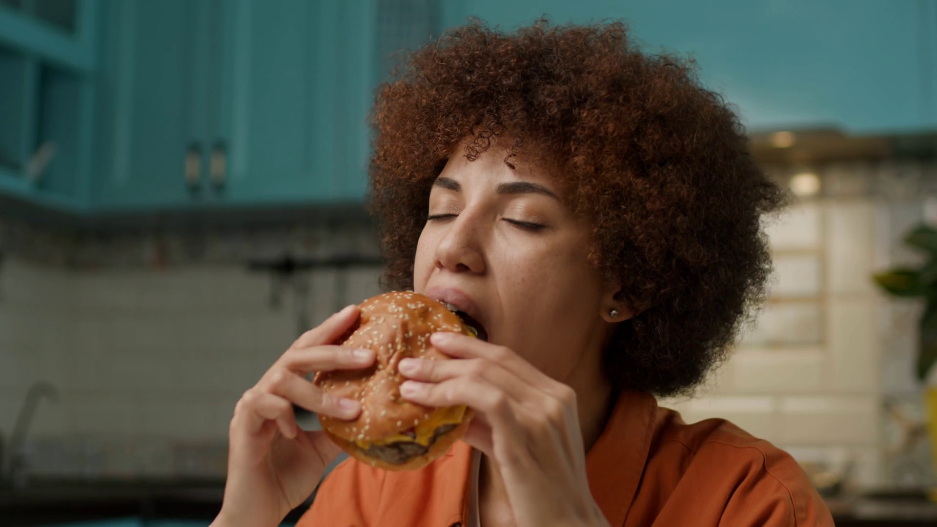 Black Woman Eating Yummy Burger Close Up 20s Stock Footage SBV ...