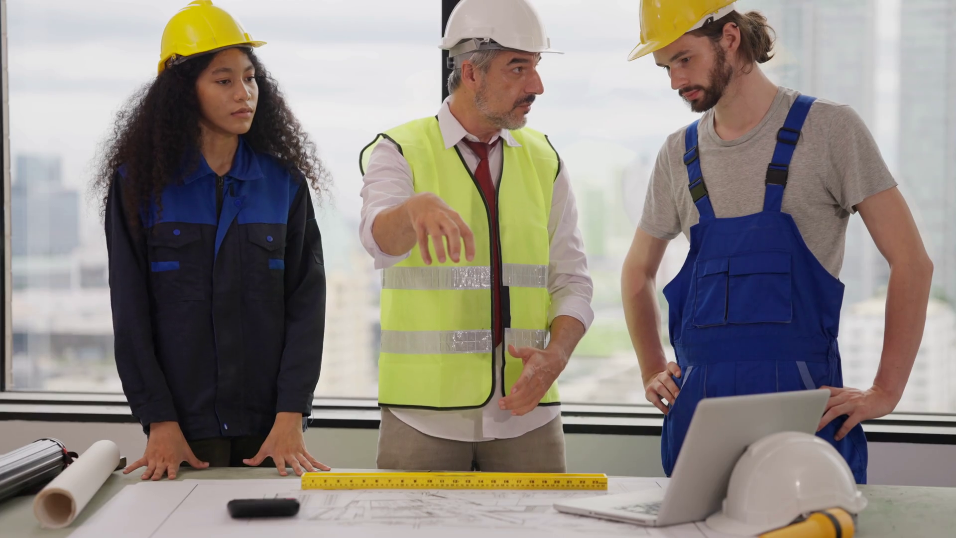 Engineers Using Blueprint Of Project Plan Stock Footage SBV-347719835 ...