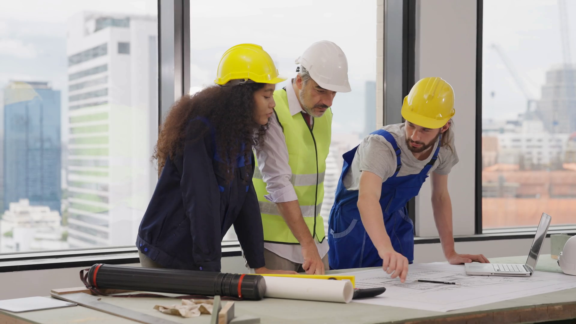 Engineers Using Blueprint Of Project Plan Stock Footage SBV-347716920 ...