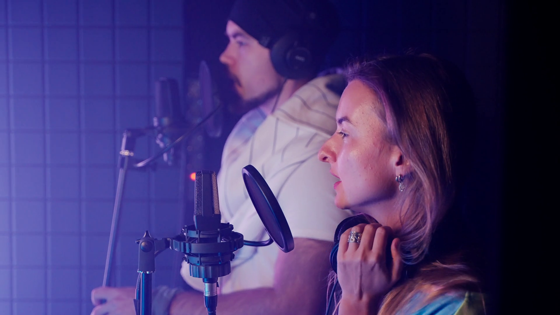 Woman Man Singers Are Singing To Mic In Stock Footage SBV-348465657 ...