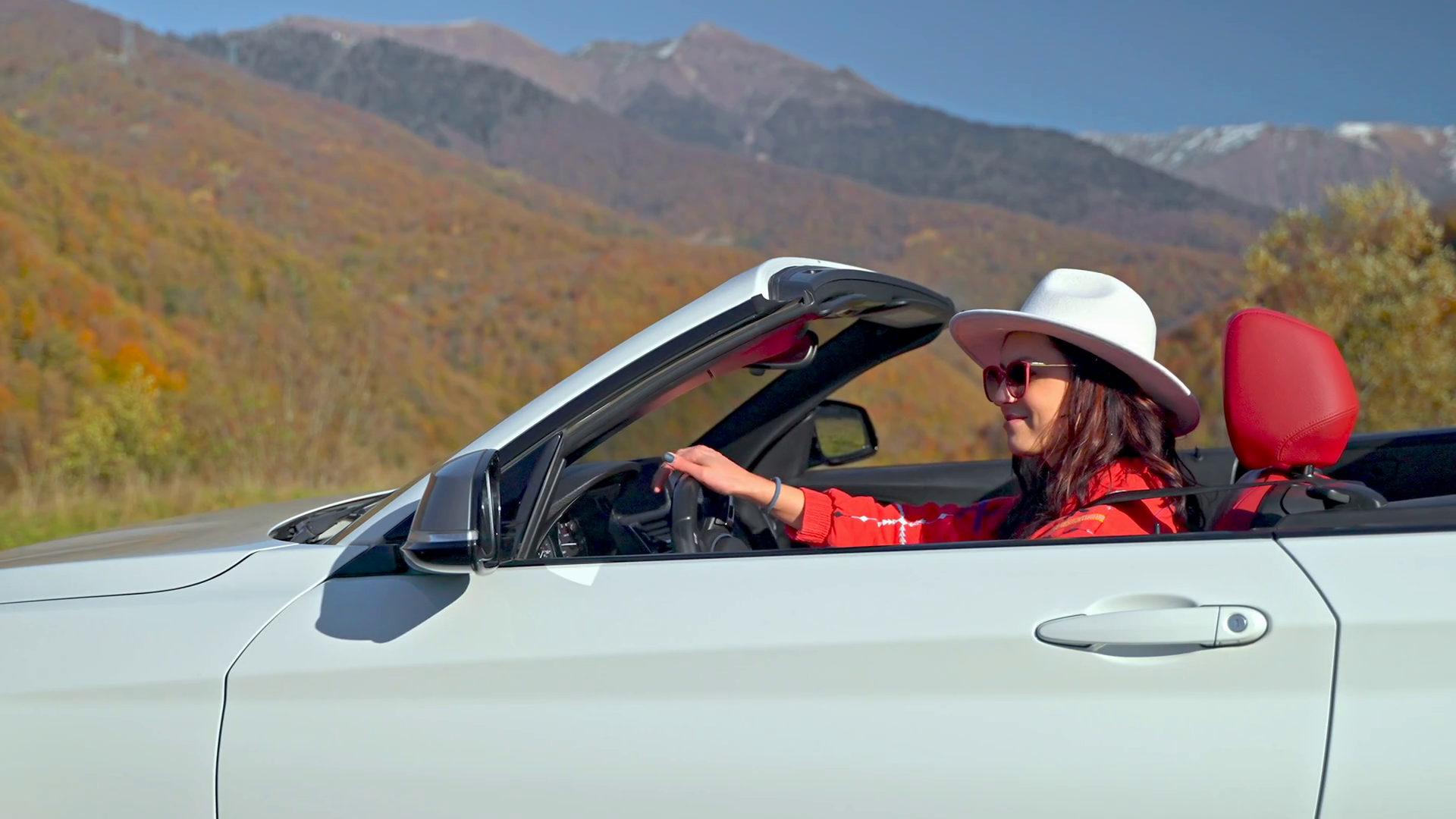 Woman Driving White Convertible Car On Stock Footage SBV-348766799 ...