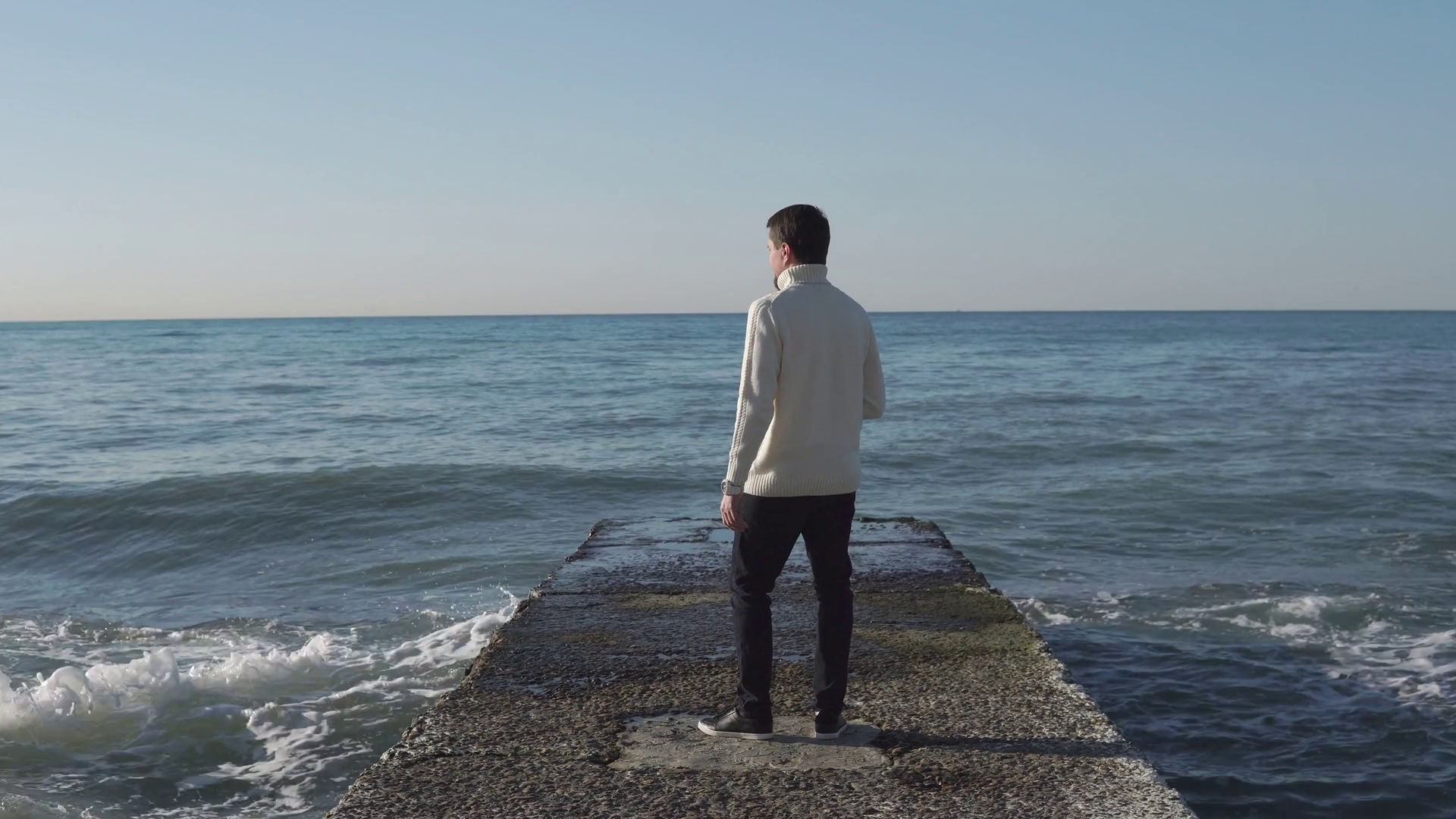 Man Is Looking Around Standing On Pier In Stock Footage SBV-338734401 ...