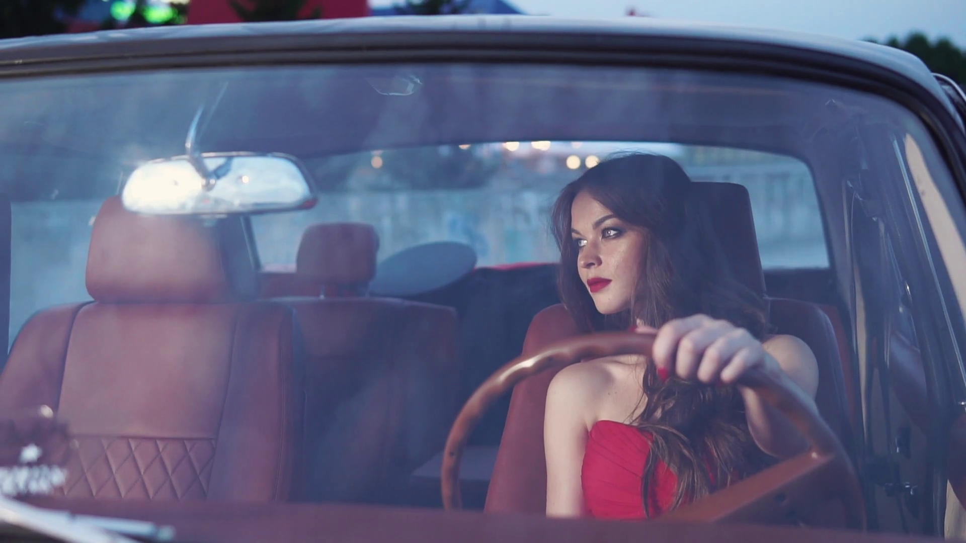 Wonderful Model Sits In Car With Hands On Stock Footage SBV-320544987 ...